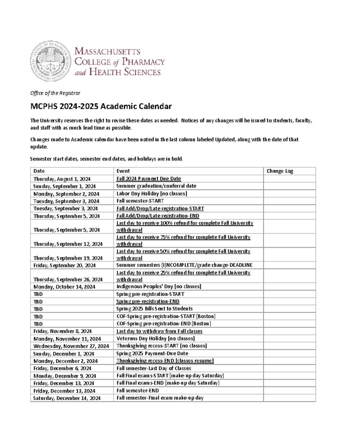 MCPHS 2024-2025 Academic Calendar Overview - Studocu