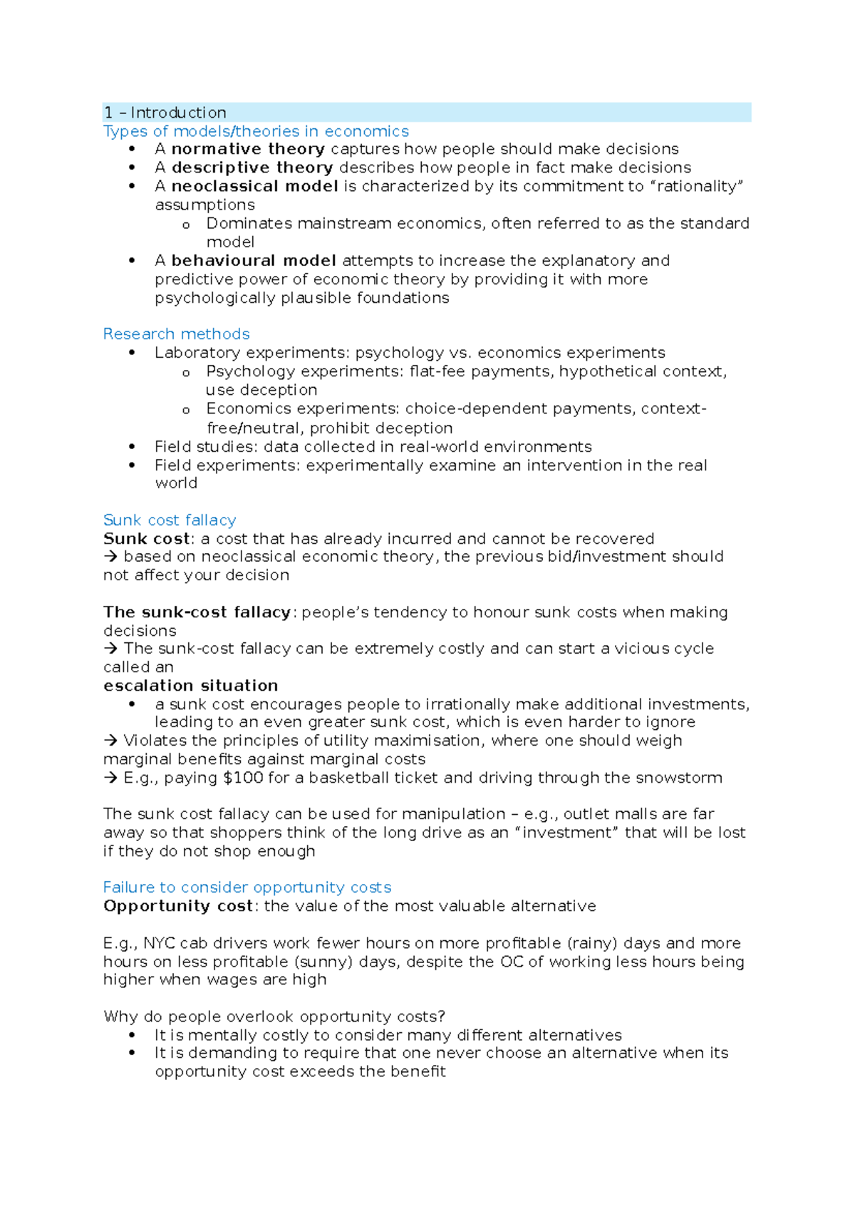ECON 101: Week 1 Behavioral Economics Notes on Decision-Making - Studocu