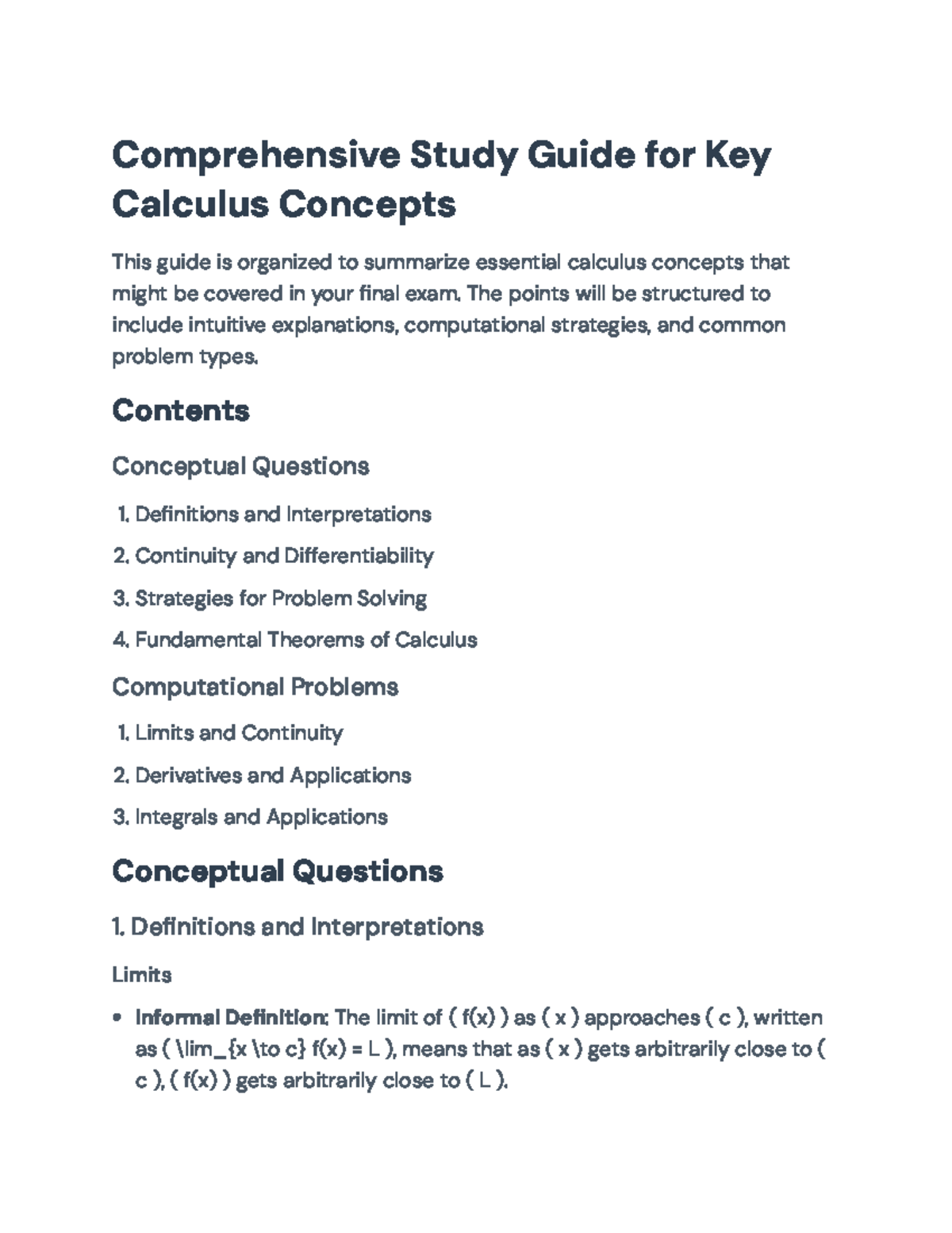 Comprehensive Study Guide for Calculus Concepts - Final Exam Prep ...