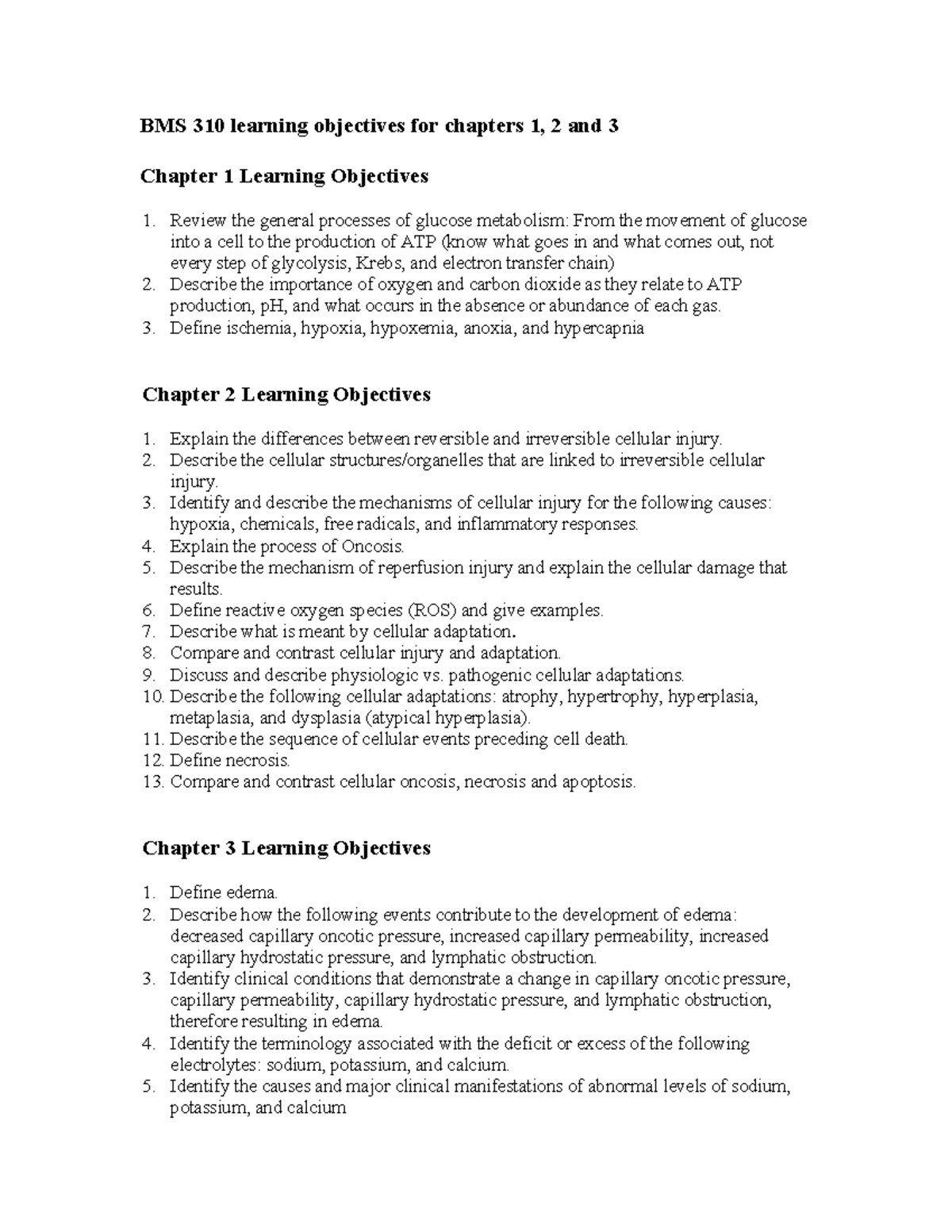 Learning Objectives for BMS 310: Chapters 1-3 Overview - Studocu