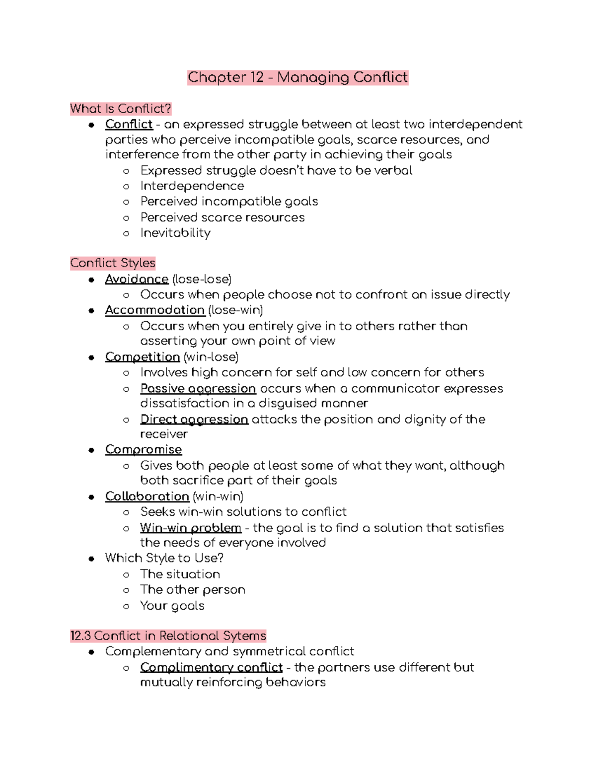 Chapter 12 - Managing Conflict: Understanding Conflict Styles - Studocu