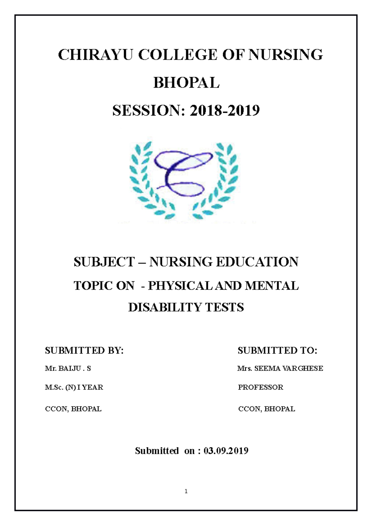 27. Physical AND Mental Disability TEST - CHIRAYU COLLEGE OF NURSING ...