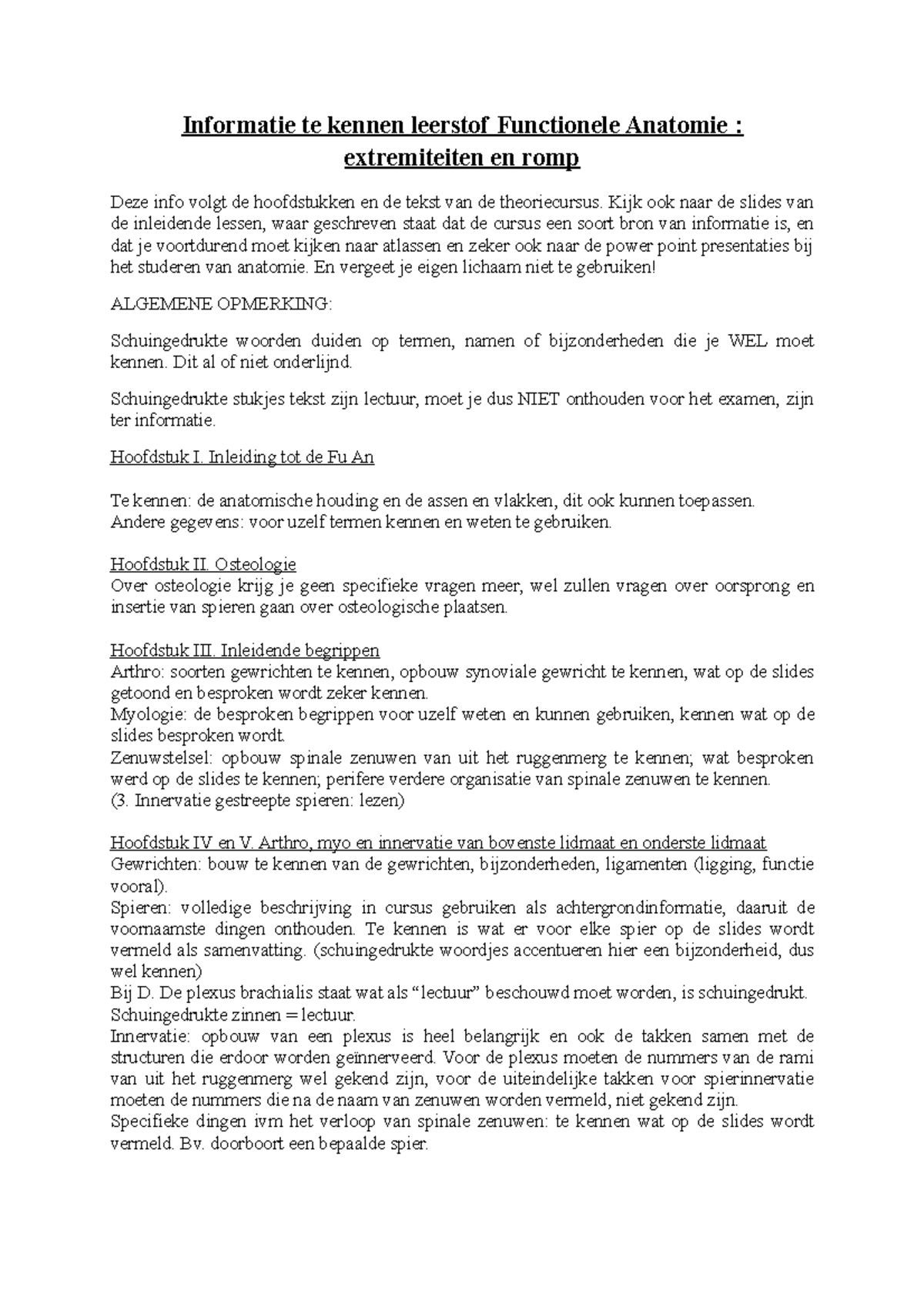 Informatie te kennen leerstof Functionele Anatomie extremiteiten en ...