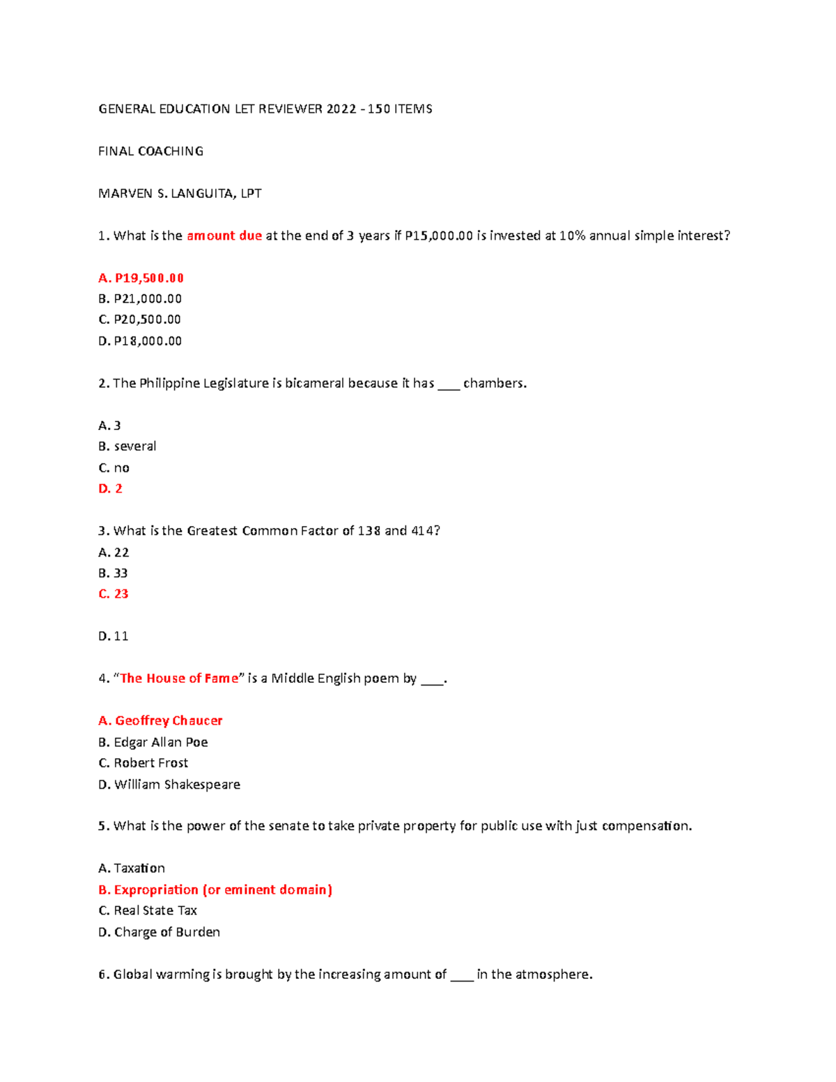 Melvin September 2022 PROF ED GEN ED - GENERAL EDUCATION LET REVIEWER ...