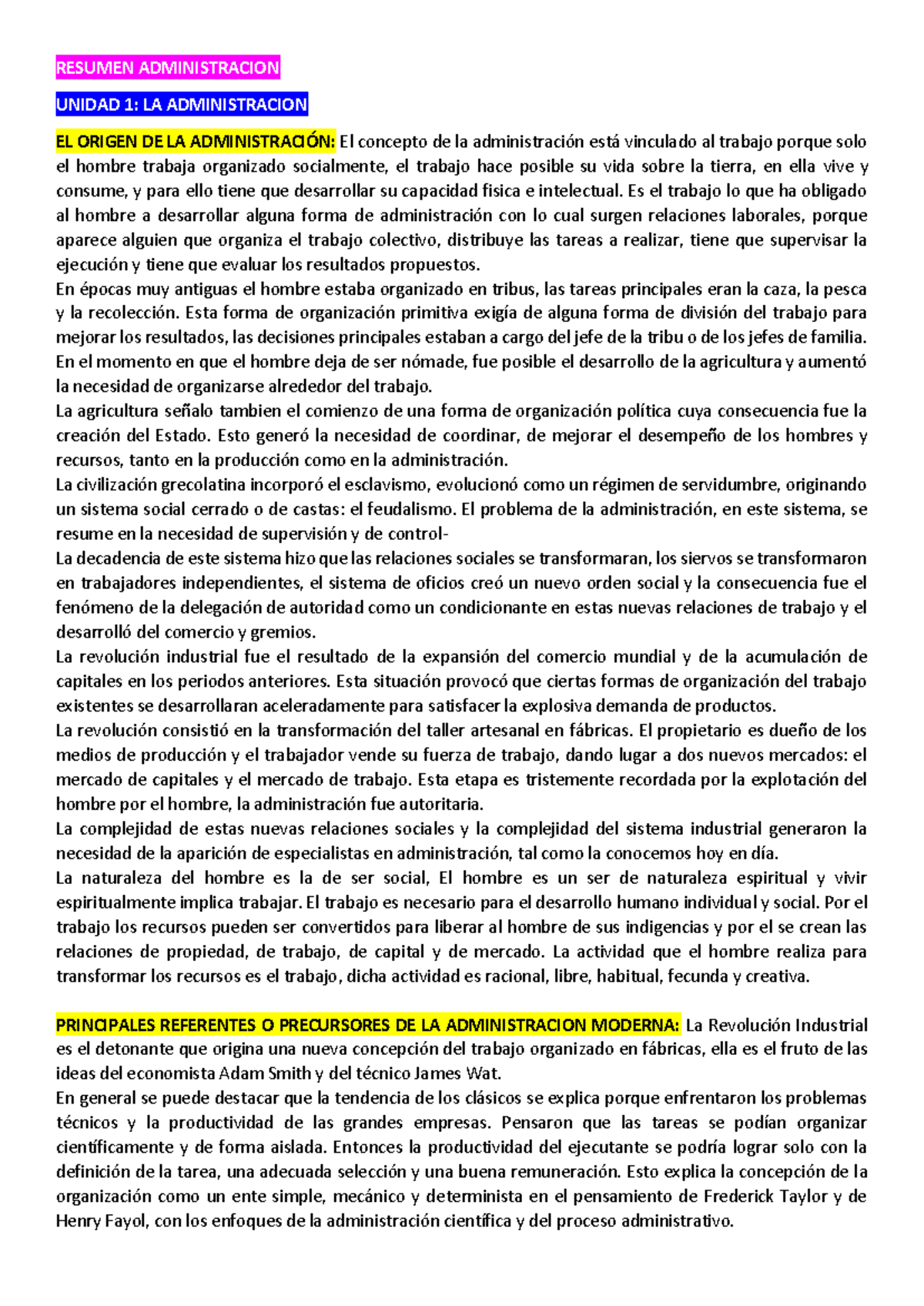 Resumen Administracion - RESUMEN ADMINISTRACION UNIDAD 1: LA ...