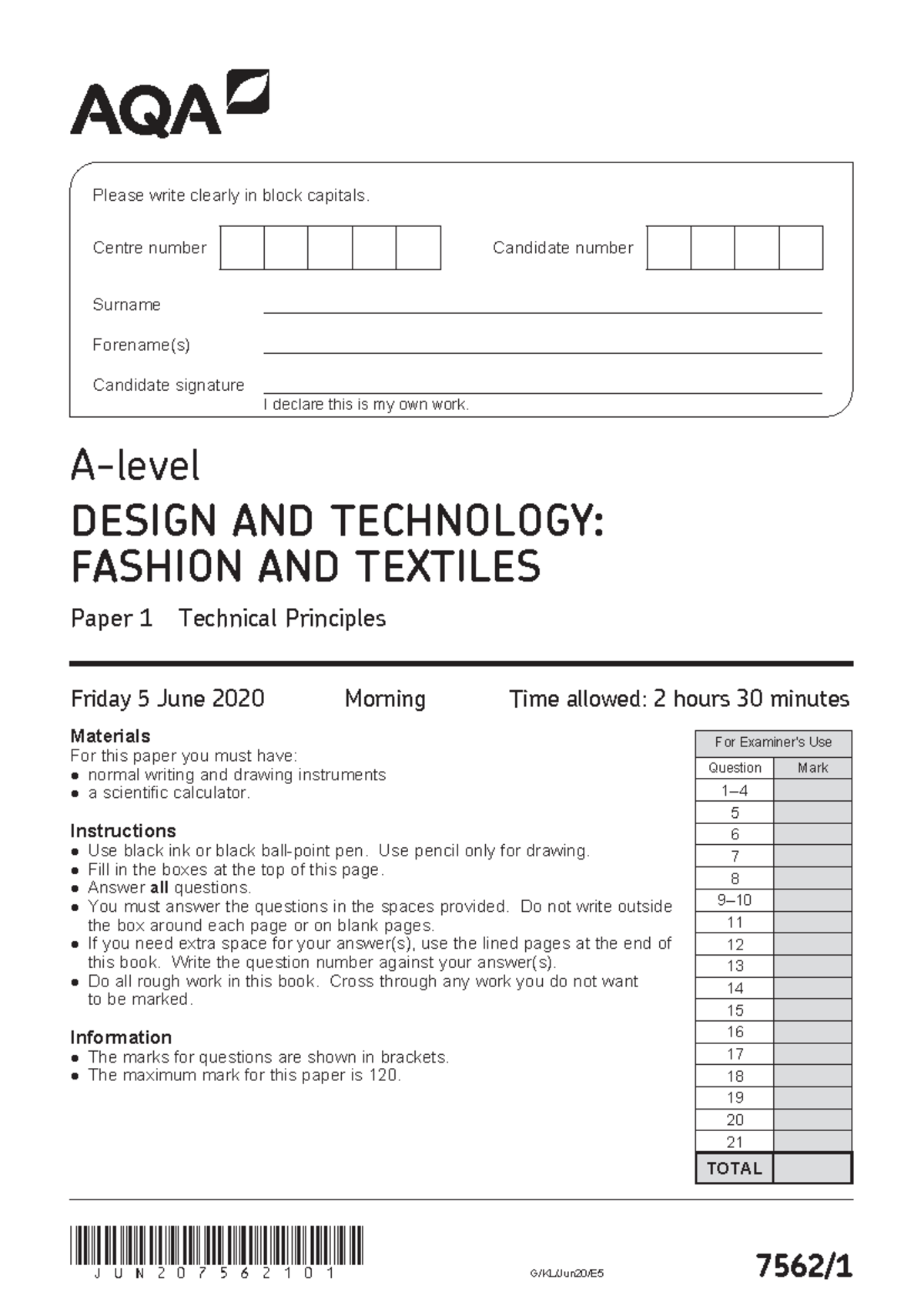 November 2020 Design and Technology: Fashion & Textiles Paper 1 - Studocu