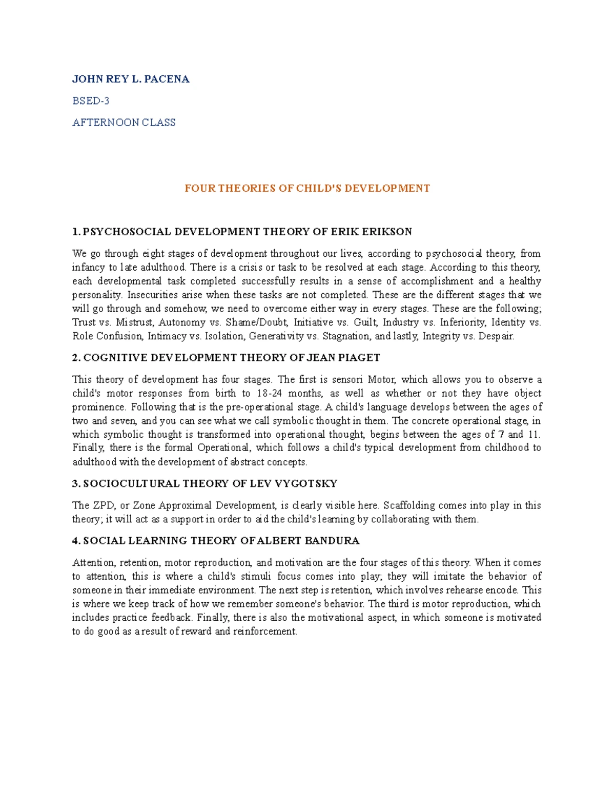 Matching TYPE TEST - JOHN REY L. PACENA BSED-3RD YEAR I. Give at least ...