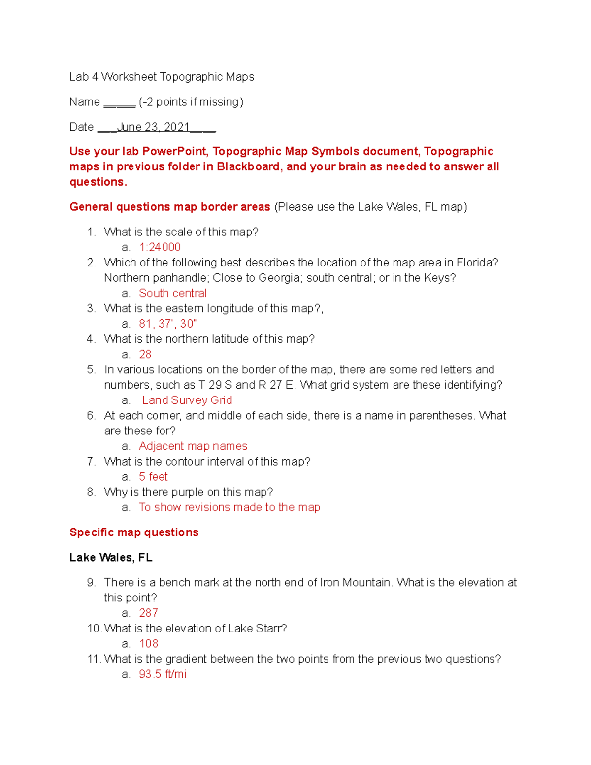 Lab 4 Worksheet Topo Maps Summer 2021 - Lab 4 Worksheet Topographic ...