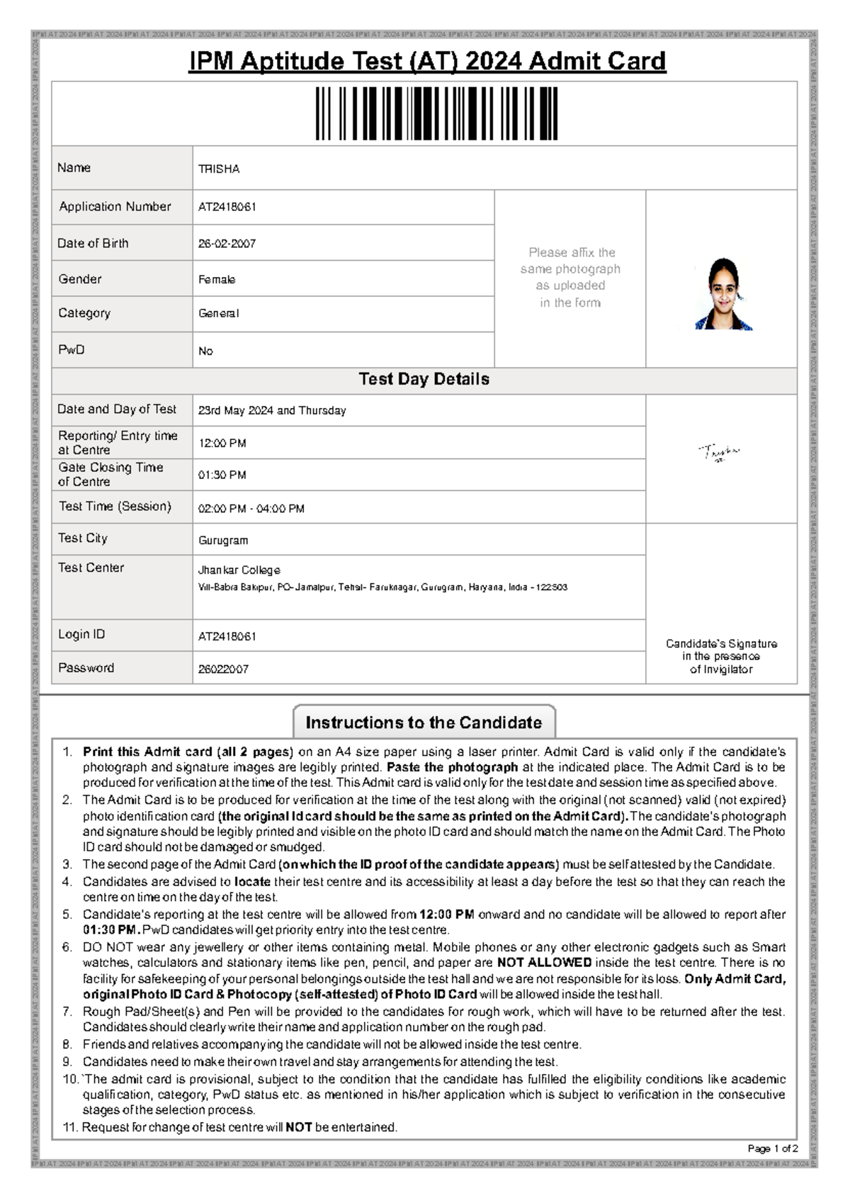 IPM AT 2024 - Sample Admit Card & Instructions for Candidates - Studocu