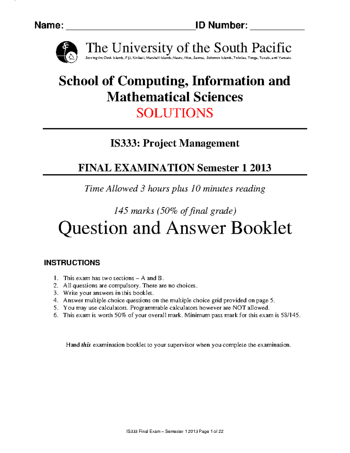 IS333 S1 2013 Final Exam Solutions - The University of the South ...