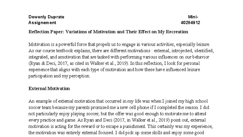 Mini40284912 Reflection Paper: Exploring Variations of Motivation in ...