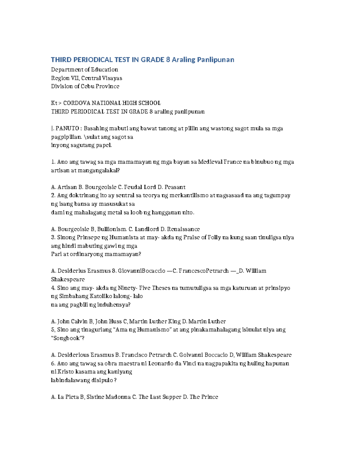 Grade 8 Araling Panlipunan: 3rd Periodical Test and Review Notes - Studocu