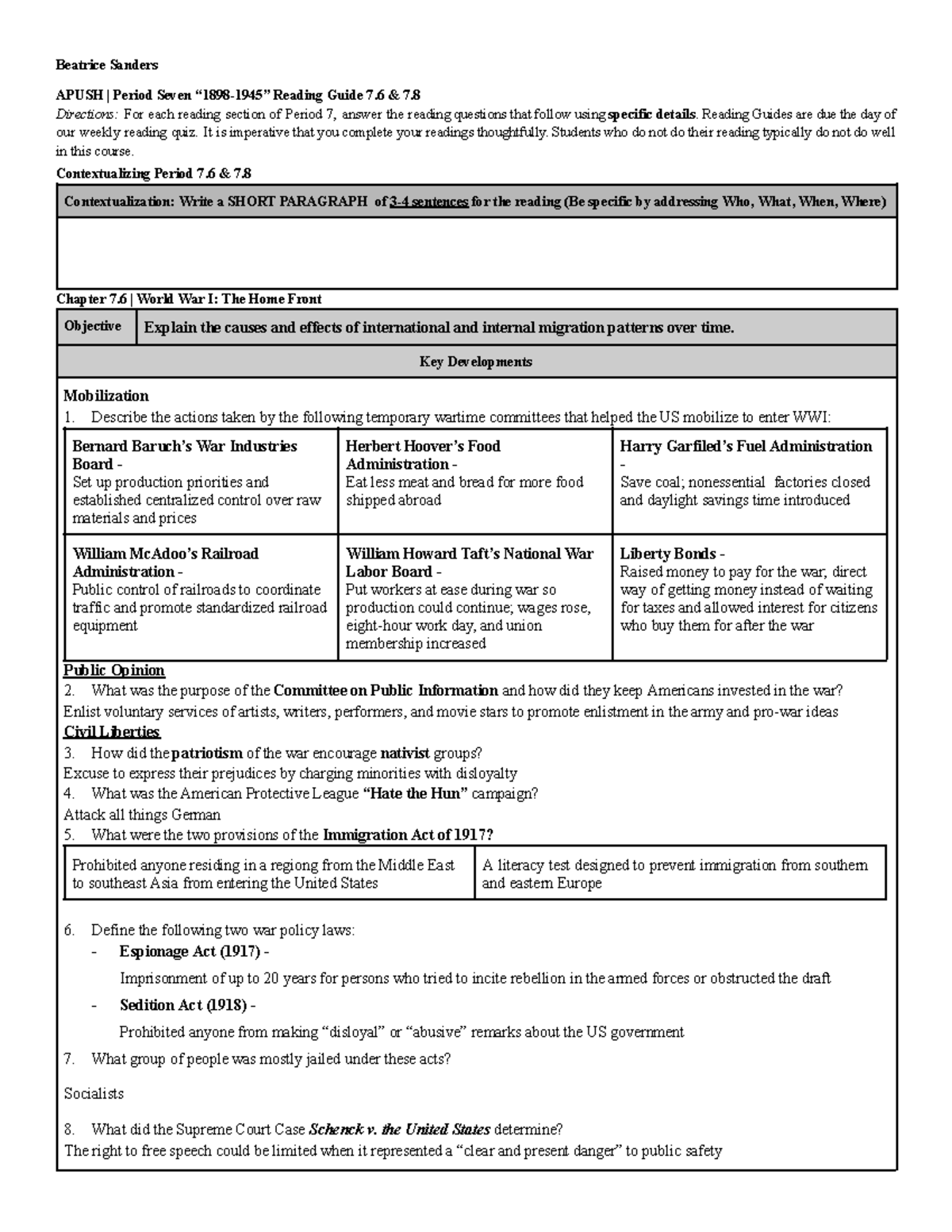 APUSH Period 7 (1898-1945) Reading Guide: Chapters 7.6 & 7.8 - Studocu