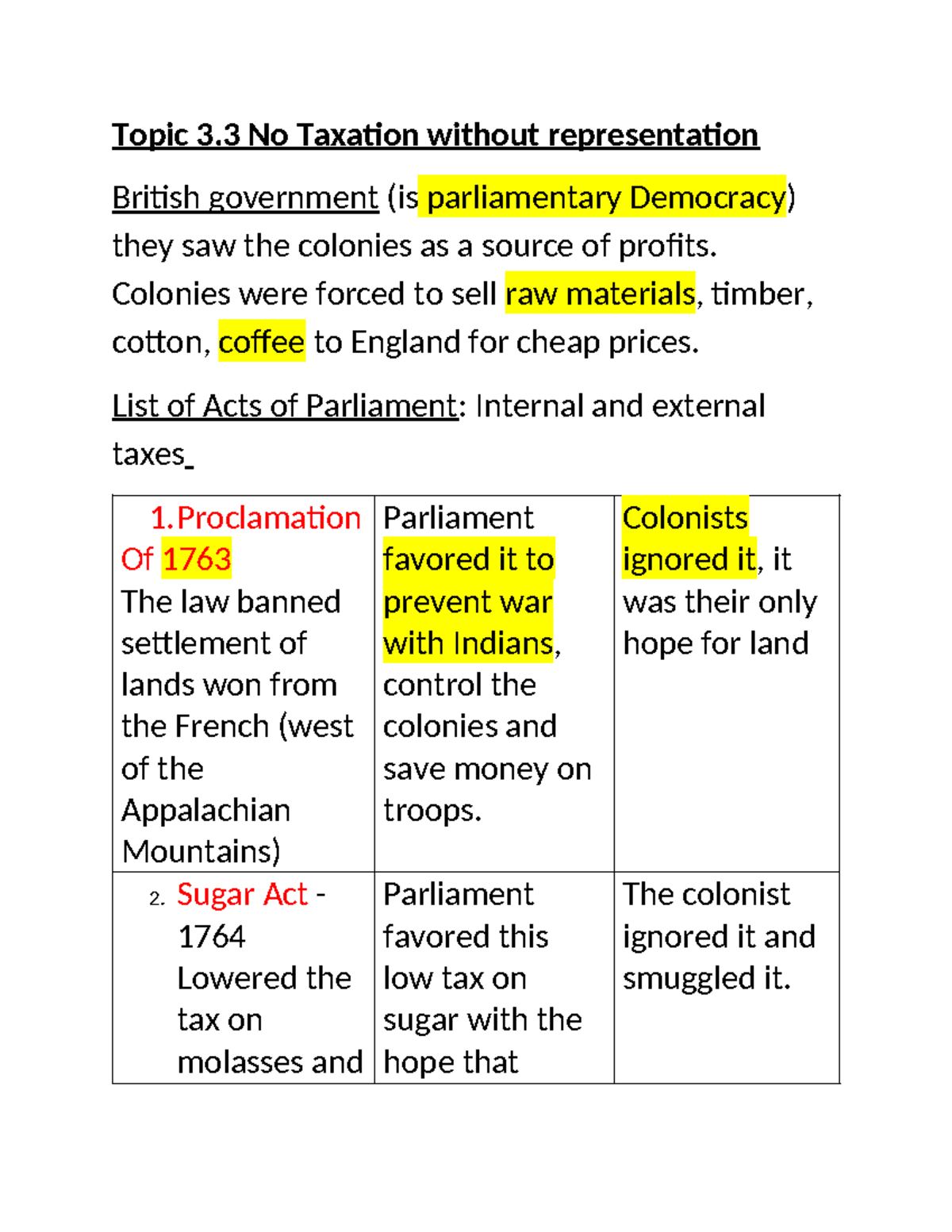 Acts of Parliament HW - Copy - Topic 3 No Taxation without ...
