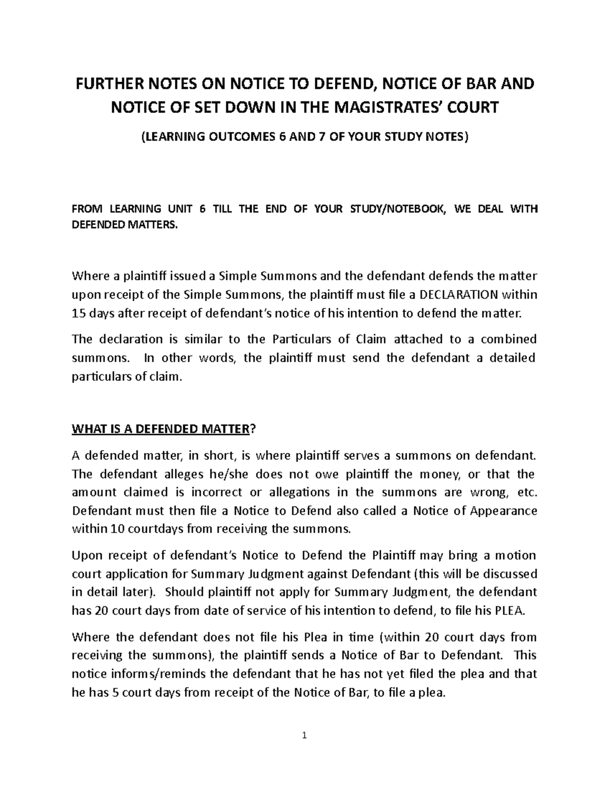 Further Notes on Notice to Defend, Bar, Set Down & Summary Judgment ...