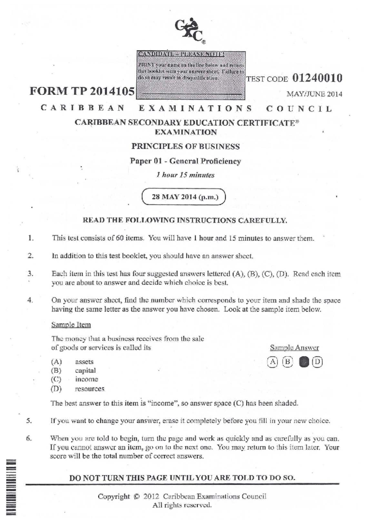 CSEC POE Principles of Business Exam Paper 1 June 2014 - Studocu