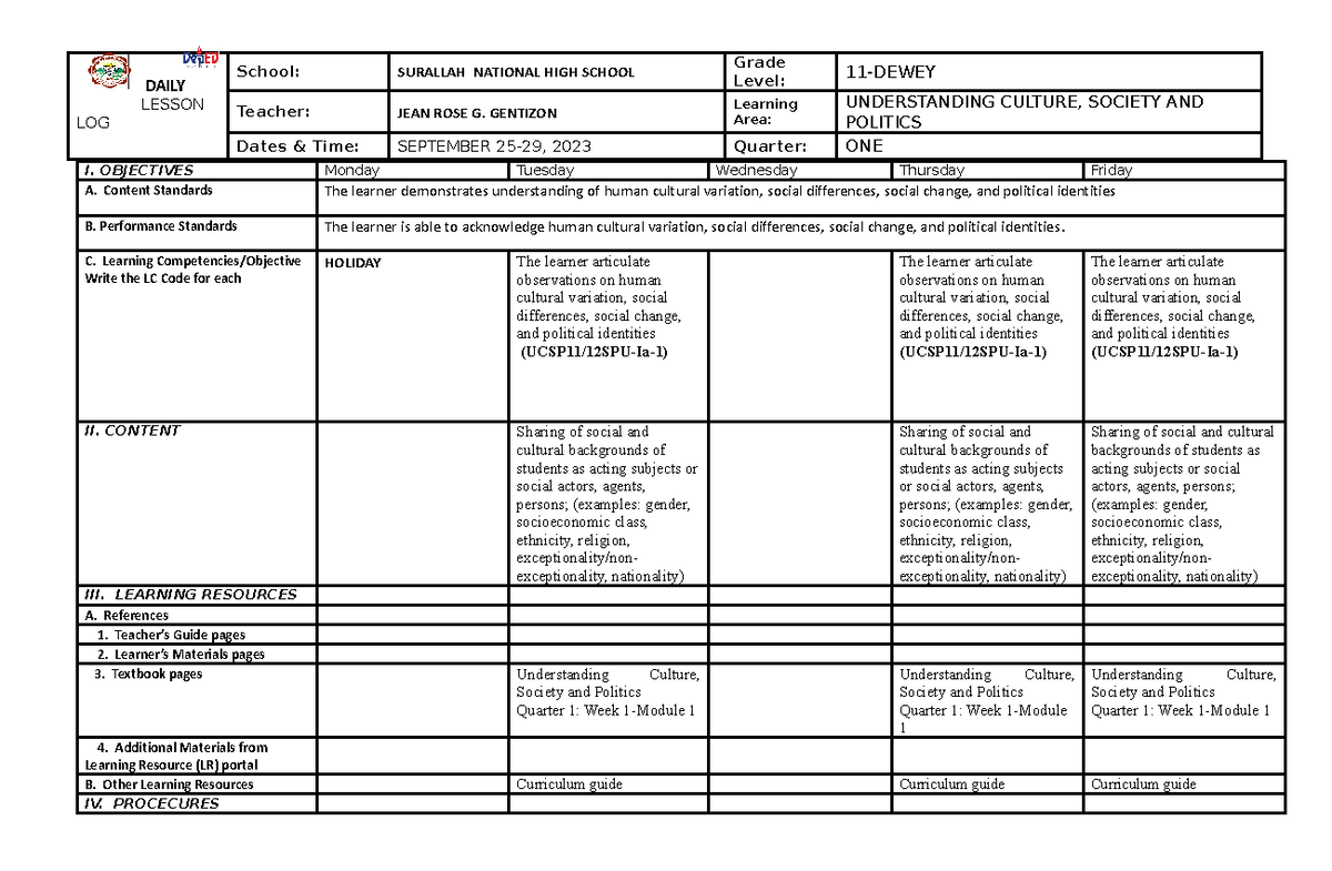 DLL Lesson Log: Understanding Culture, Society, and Politics (Sept 2023 ...