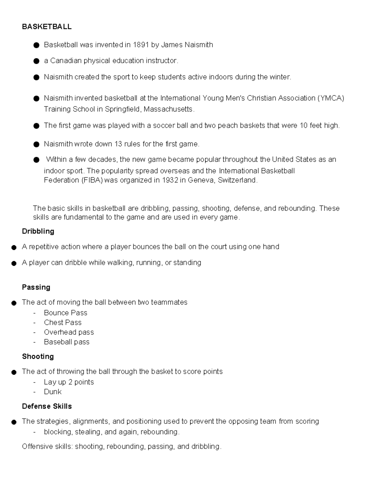 PE 4 Basketball 1 - History, Skills, and Rules Overview - Studocu