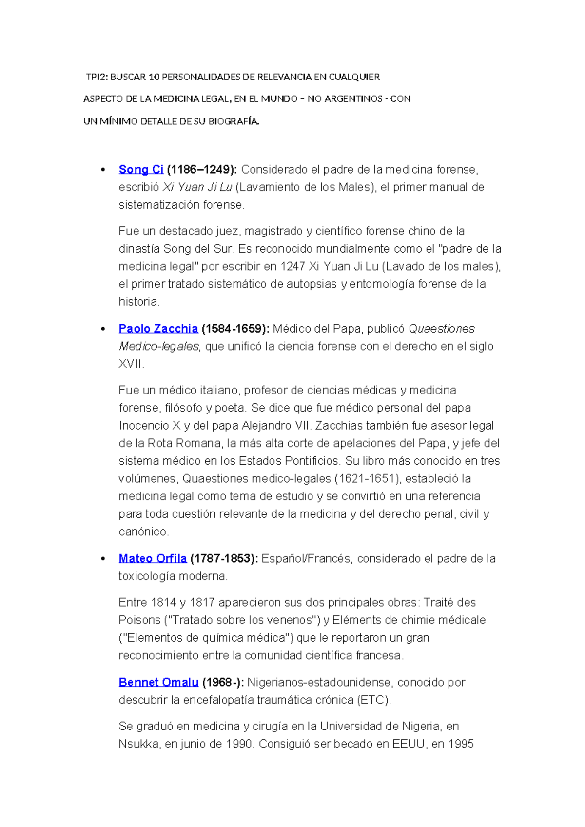 TPI2: 10 Personalidades Clave en Medicina Legal Mundial - Studocu