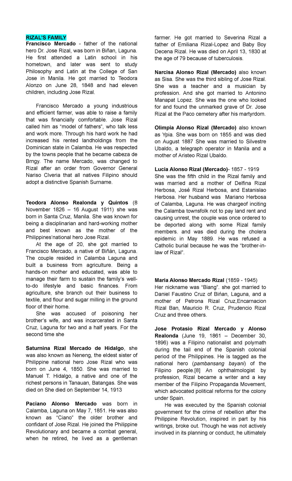 Rizal's Family and Legacy: Lecture Notes on Family Influences - Studocu