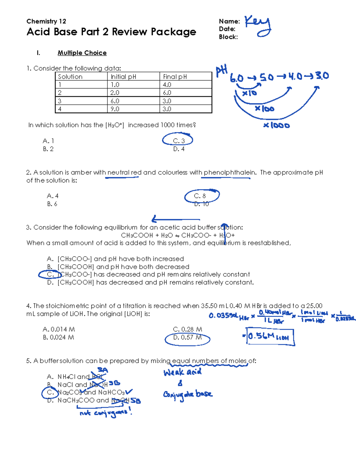 Chemistry 12 - Acids and Bases Part 2 Review Key - Studocu