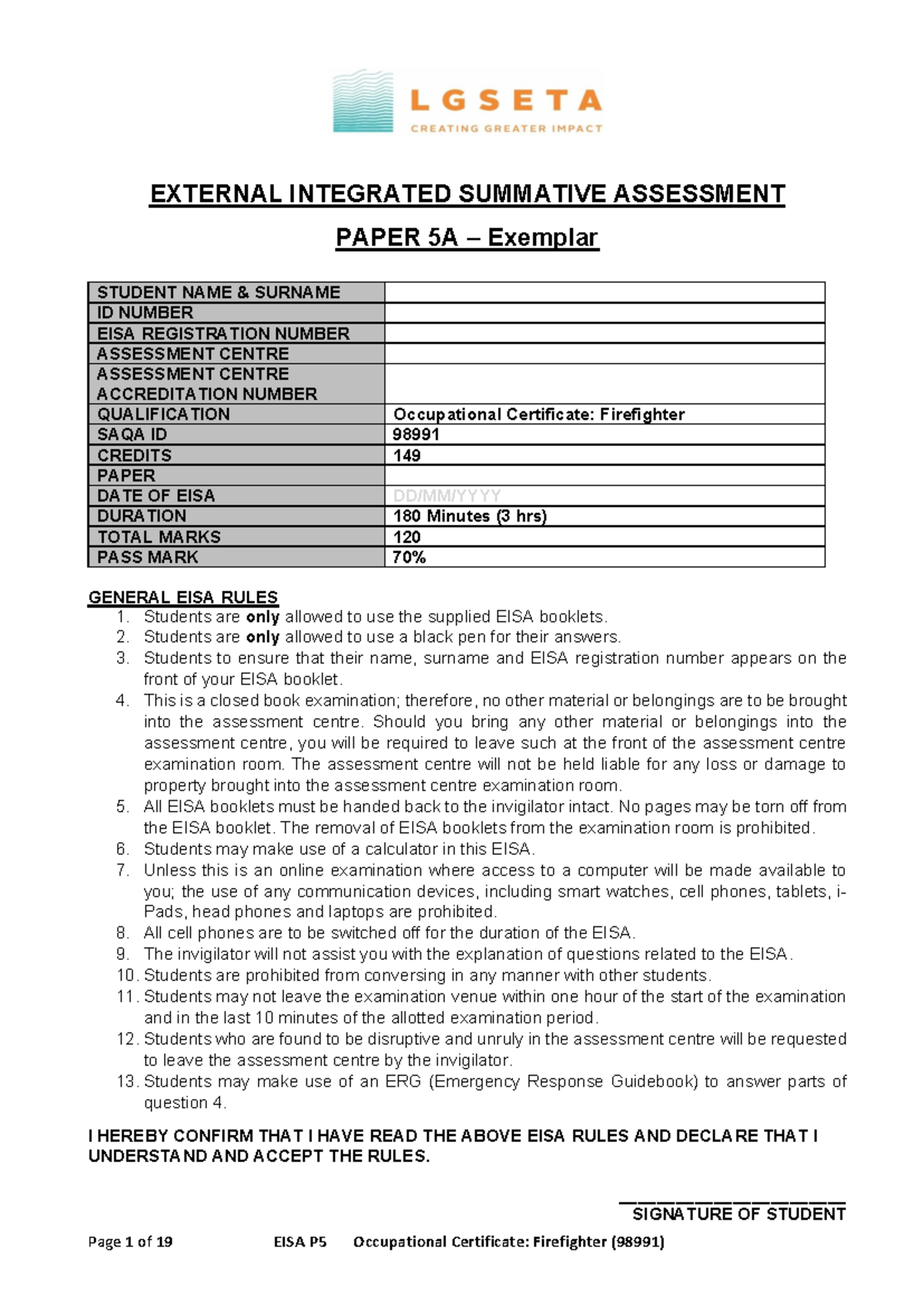 EISA P5 Occupational Certificate: Firefighter Exemplar Document - Studocu