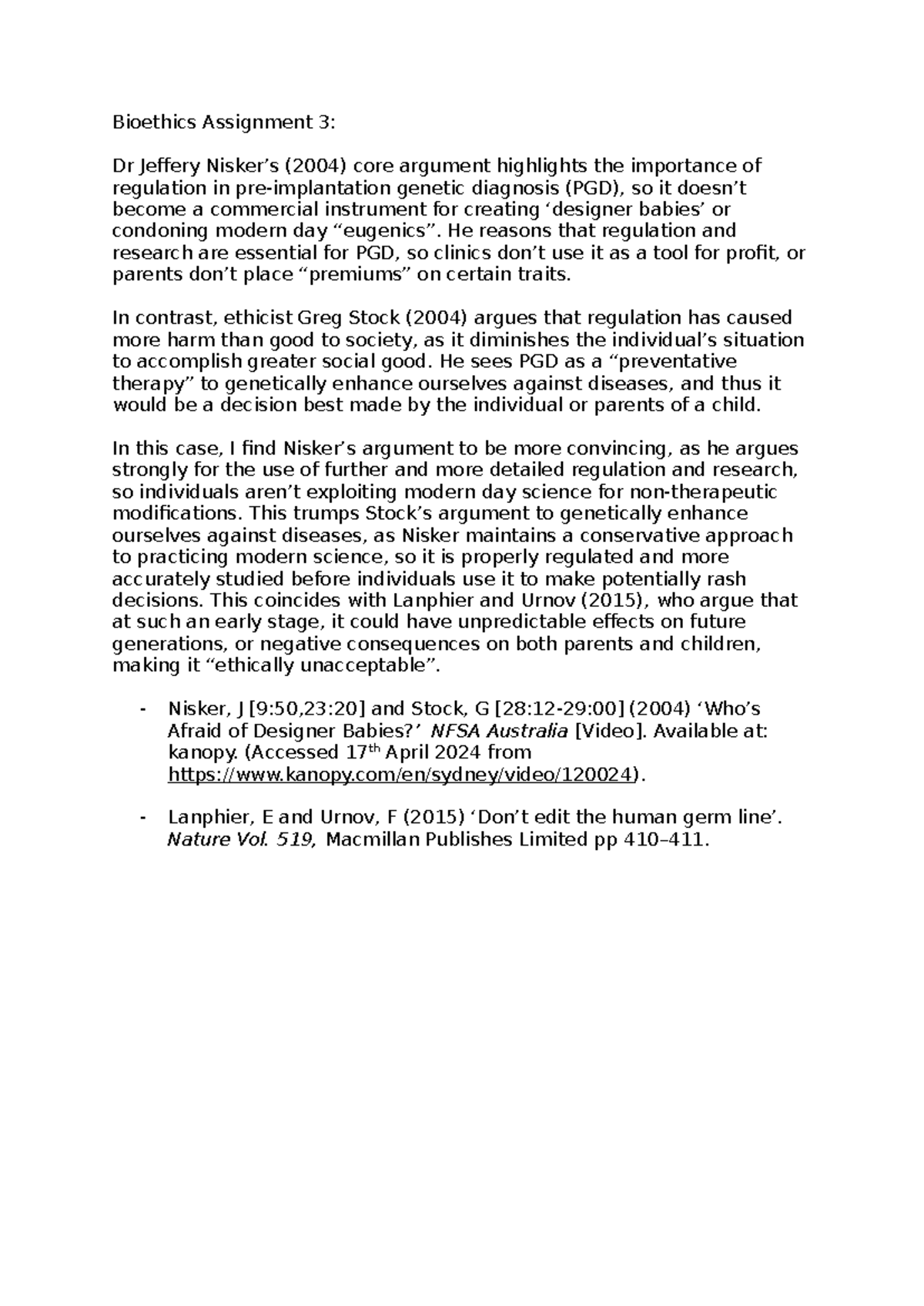 Bioethics Assignment 3: Regulation in Genetic Diagnosis and PGD - Studocu