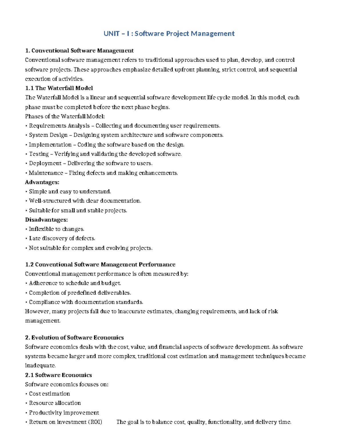 UNIT I: SPM Handouts on Conventional Software Management - Studocu