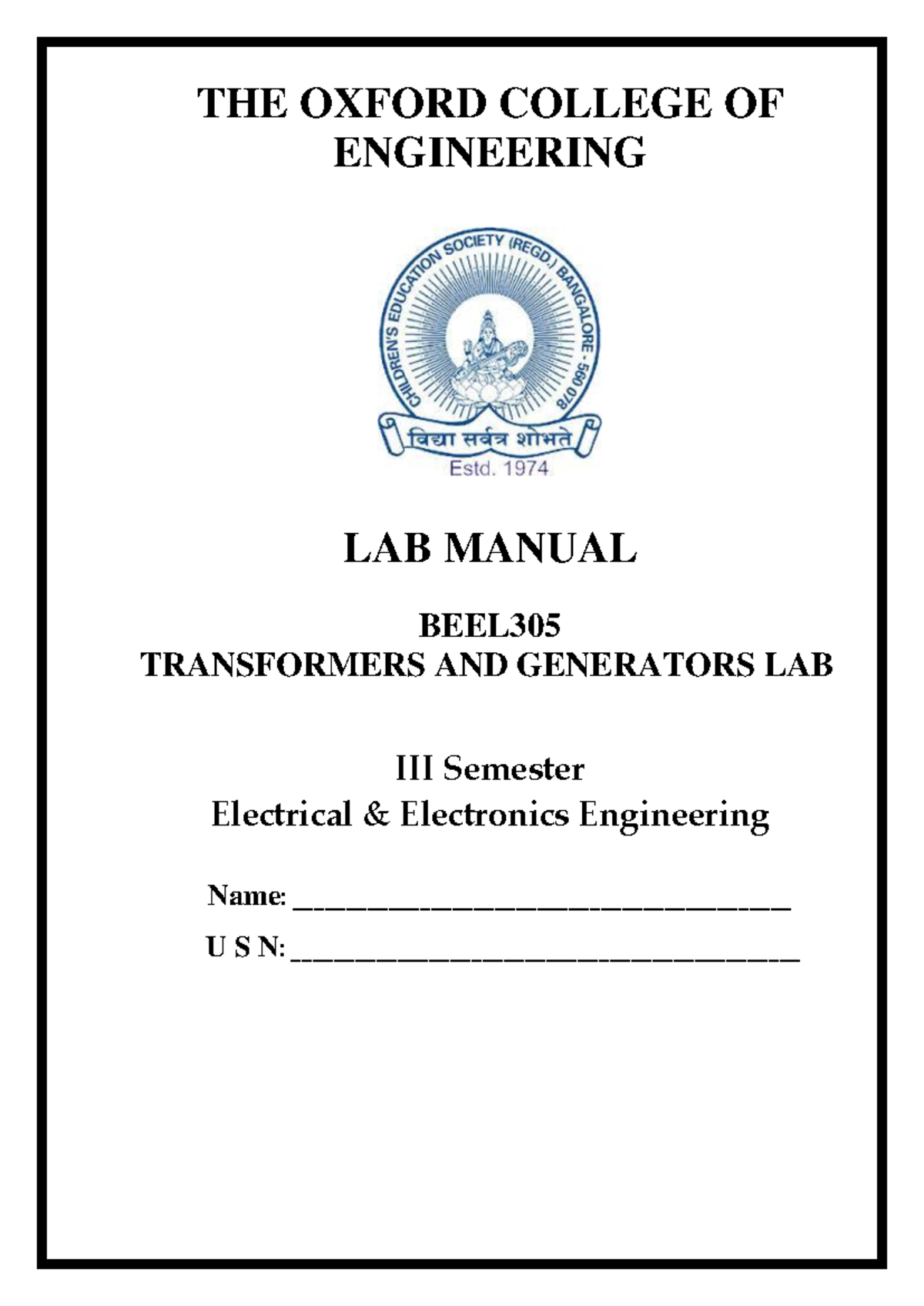BEEL305 Transformers and Generators Lab Manual: Vision, Mission ...