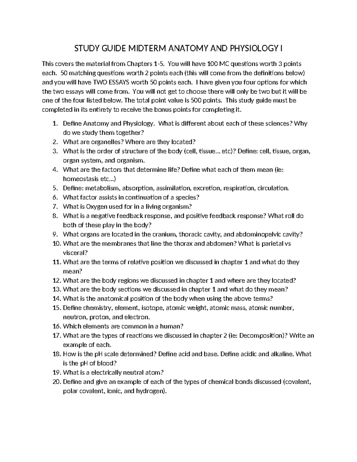 Midterm Study Guide: Anatomy & Physiology I - Studocu