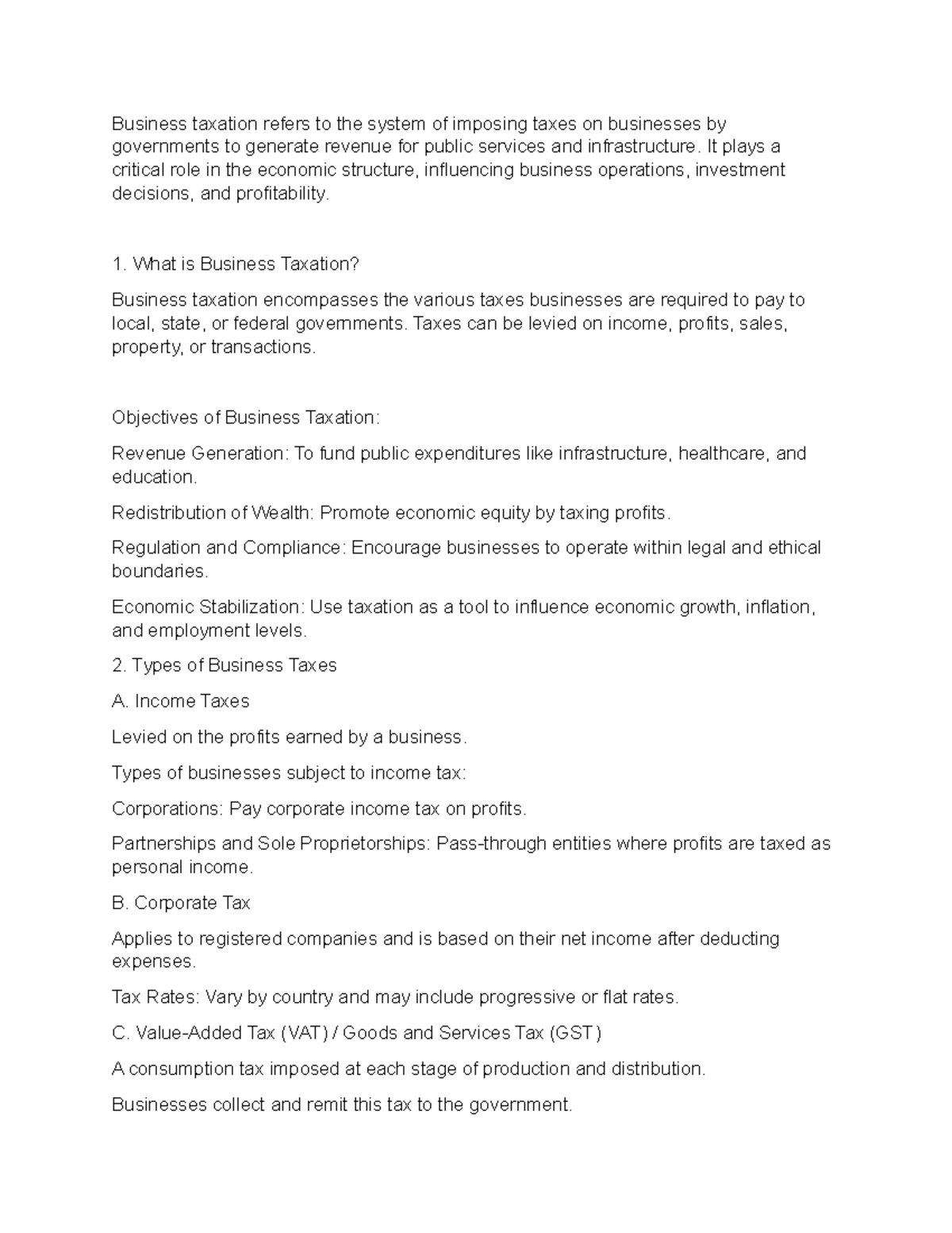 Business Taxation Overview: Types, Objectives, and Challenges - Studocu
