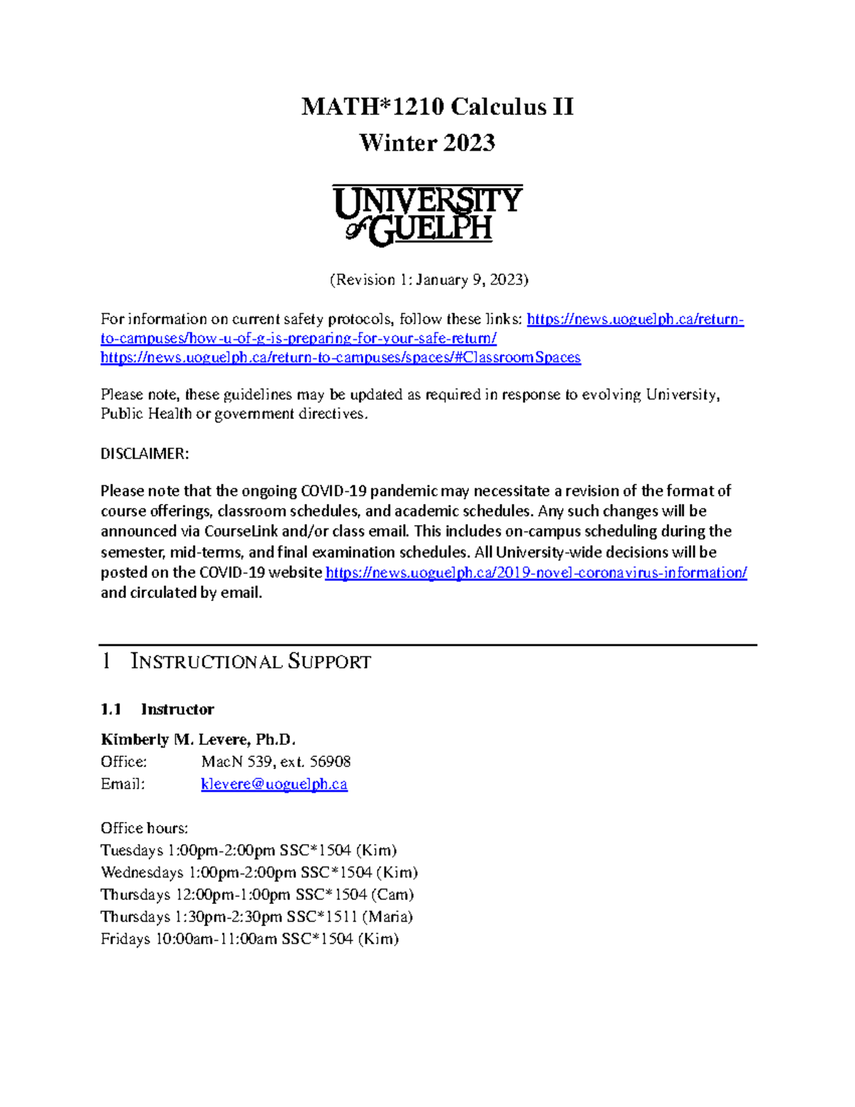 MATH1210-Course Outline-W23 - MATH*1210 Calculus II Winter 2023 ...