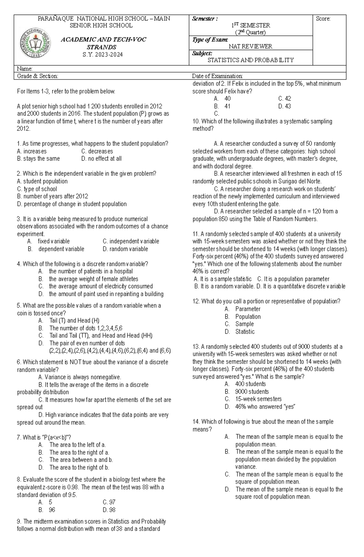 NAT-Stats-Reviewer: Senior High School Academic Year Insights - Studocu