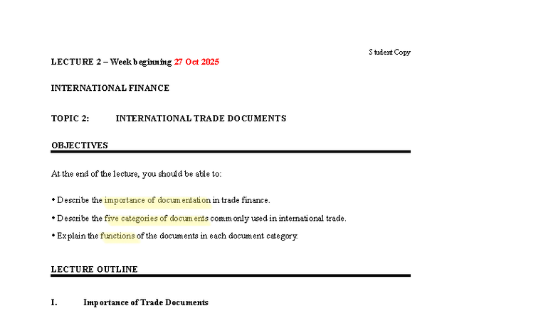 INTERNATIONAL FINANCE LECTURE 2: TRADE DOCUMENTS OVERVIEW - Studocu