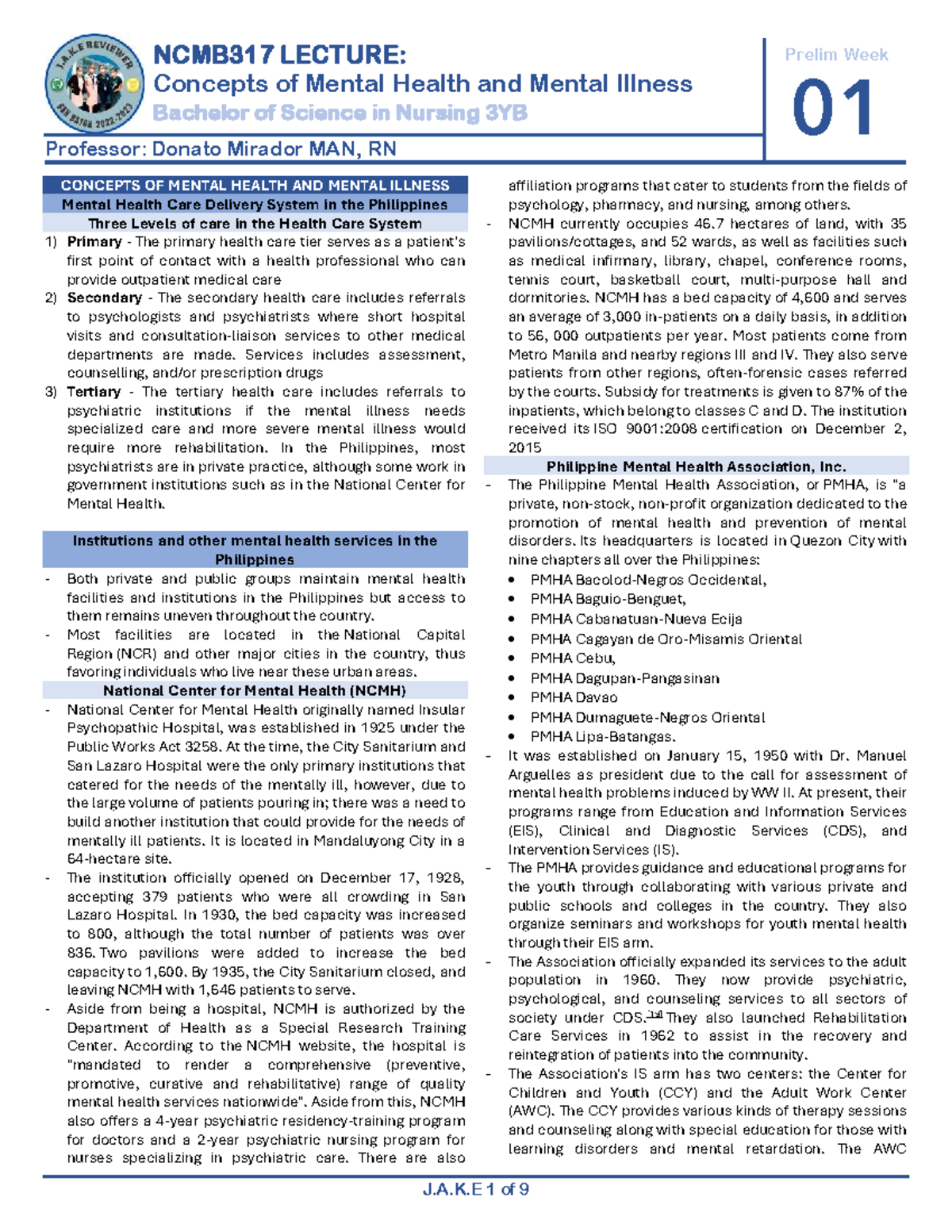 NCMB317 LECTURE: Concepts of Mental Health and Mental Illness - Studocu
