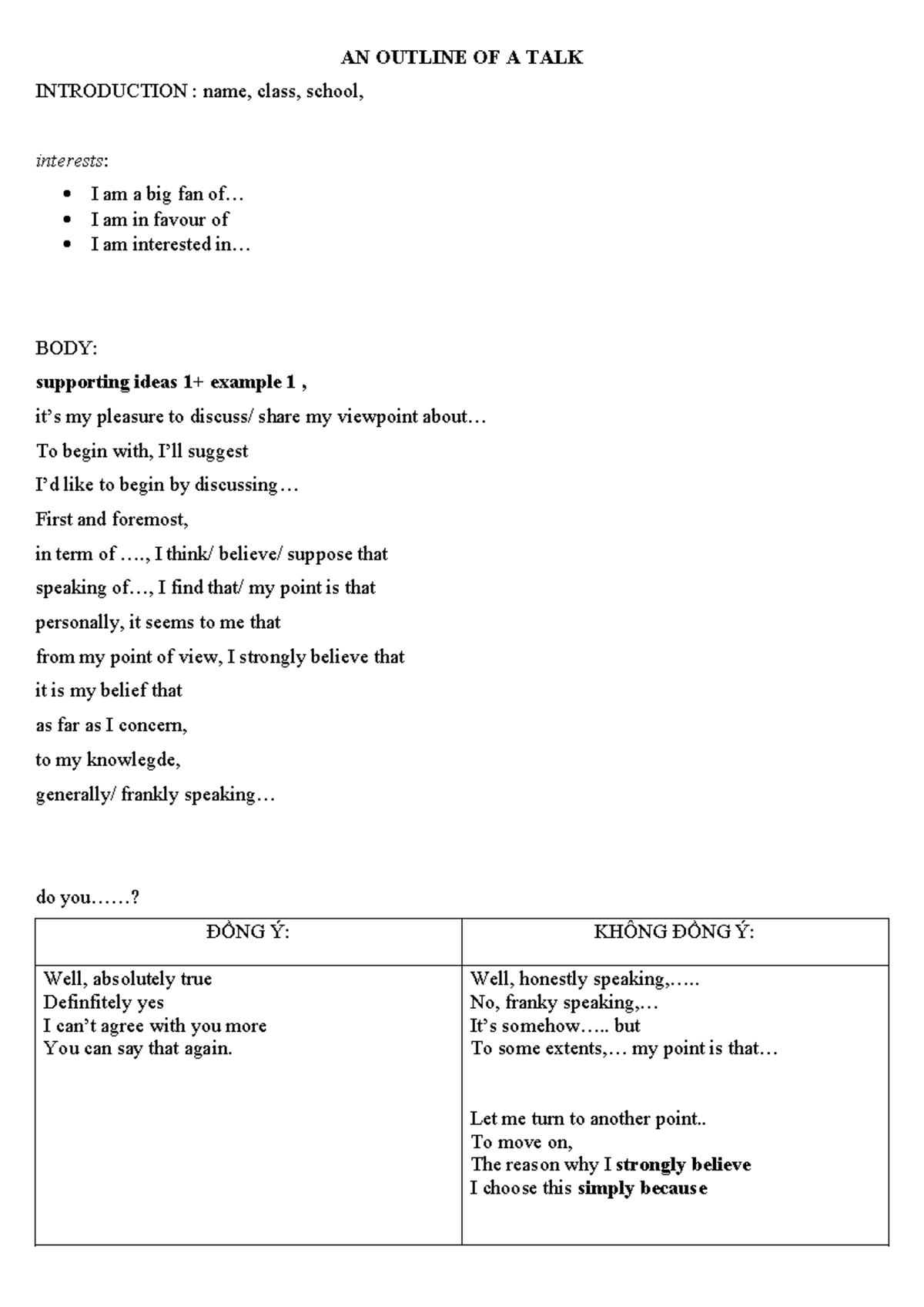 AN Outline of a Talk: Structure and Key Phrases - Studocu
