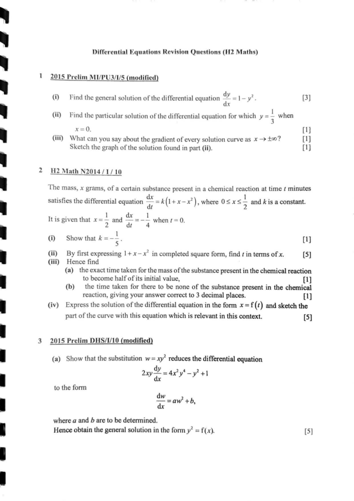 Differential Equations Practice Questions (H2 Maths) 2015 Prelim - Studocu