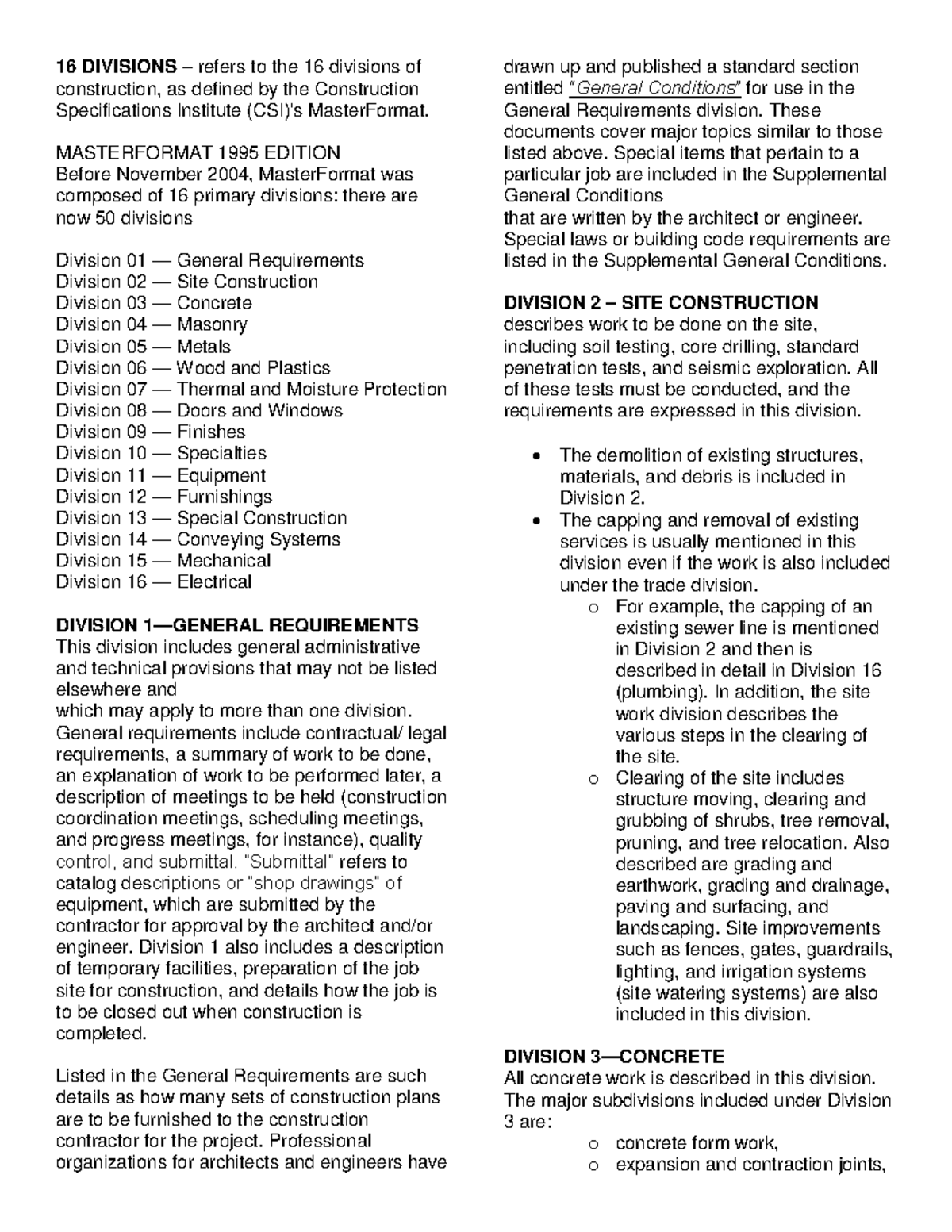 Technical Specifications Overview for 16 Division (MasterFormat) - Studocu