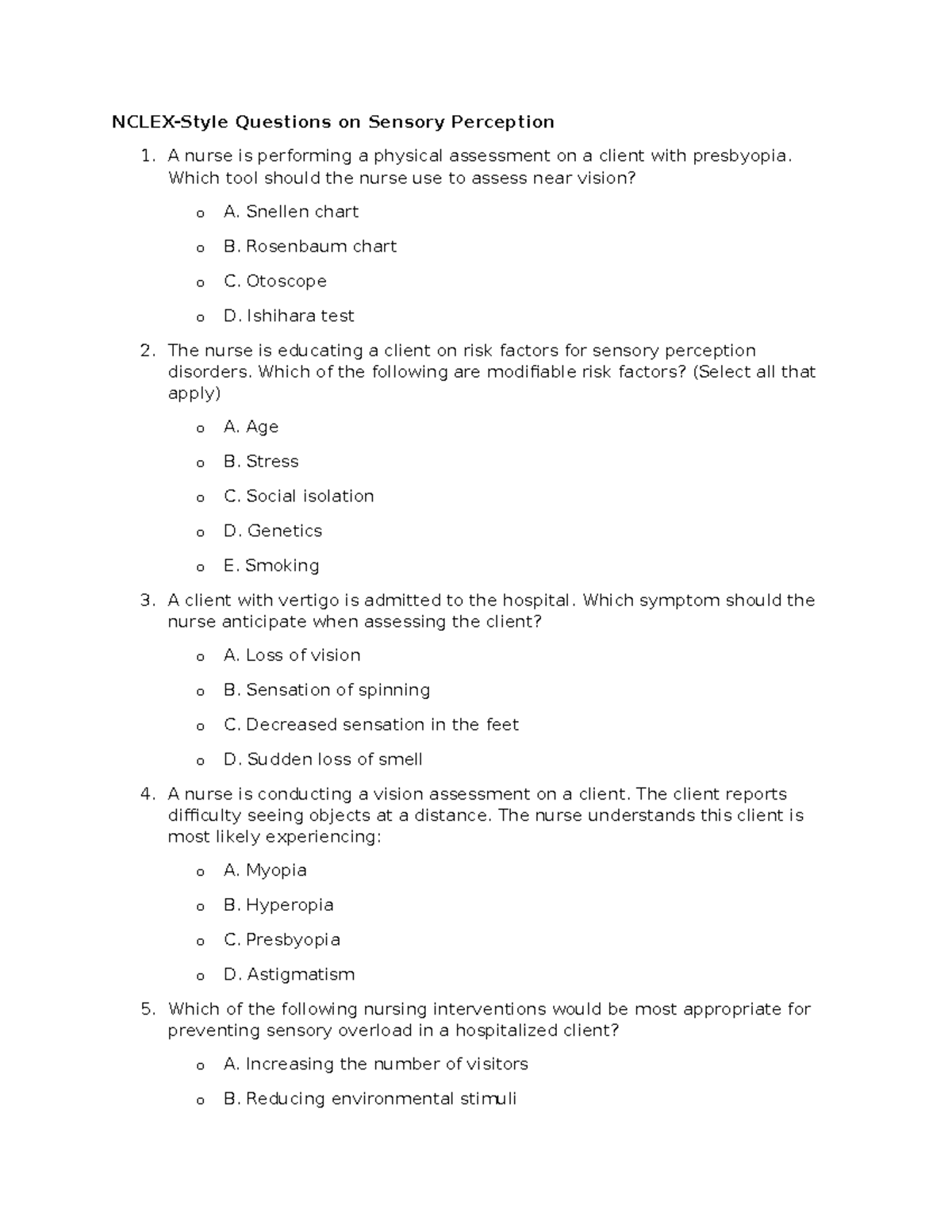 NCLEX Review: Sensory Perception Practice Questions and Answers - Studocu