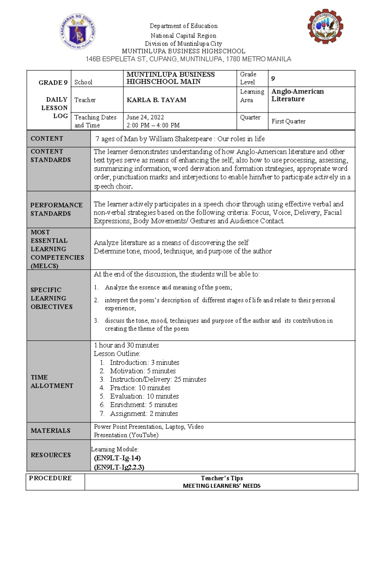 Grade 9 Literature Lesson Plan: The Seven Ages of Man (MELCS) - Studocu