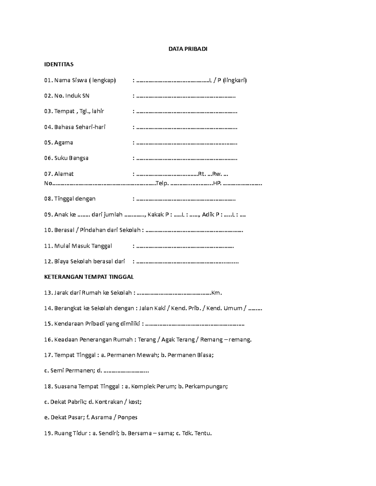 FORM.DATA Pribadi-1: Template Pengisian Data Pribadi Siswa - Studocu