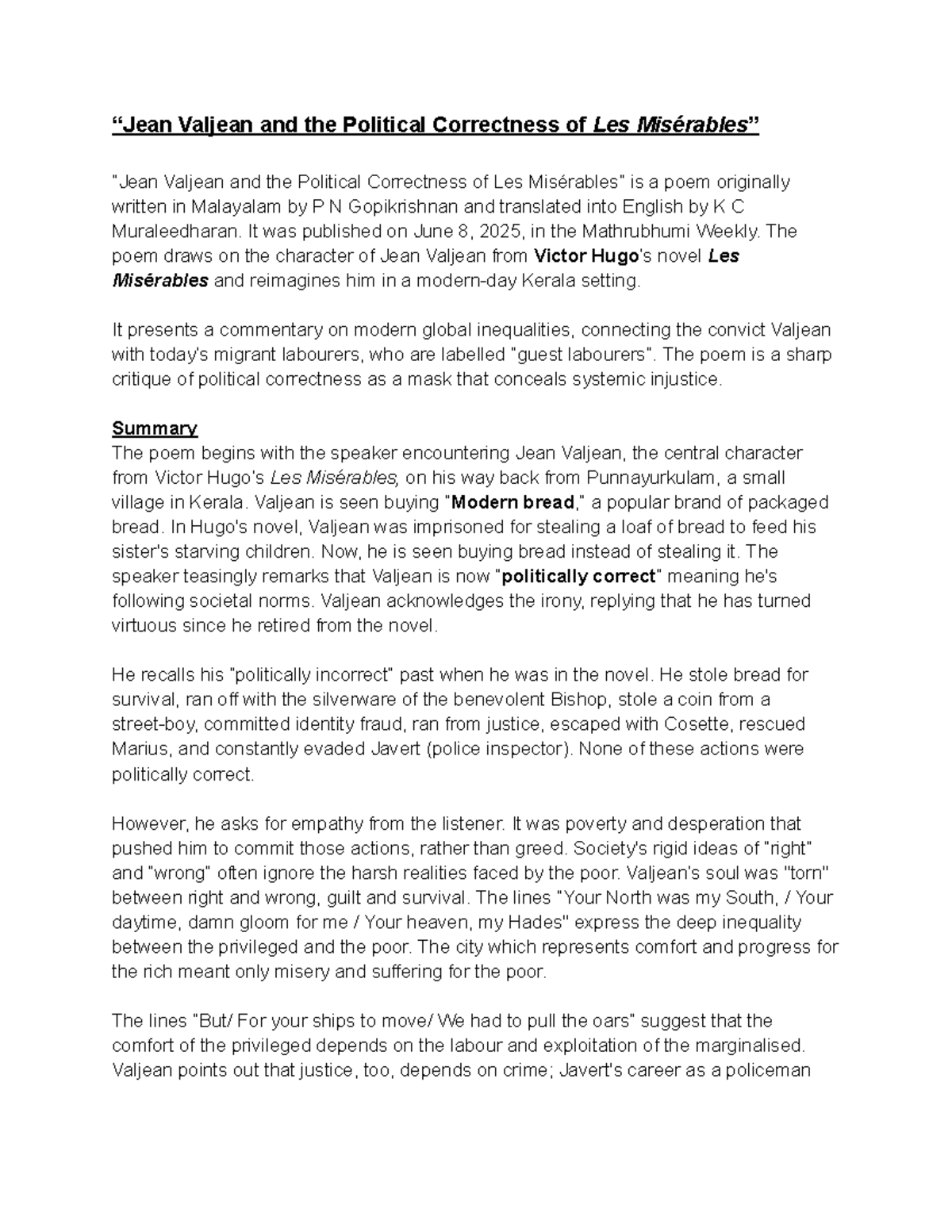 Notes - “Jean Valjean and the Political Correctness of Les Misérables ...