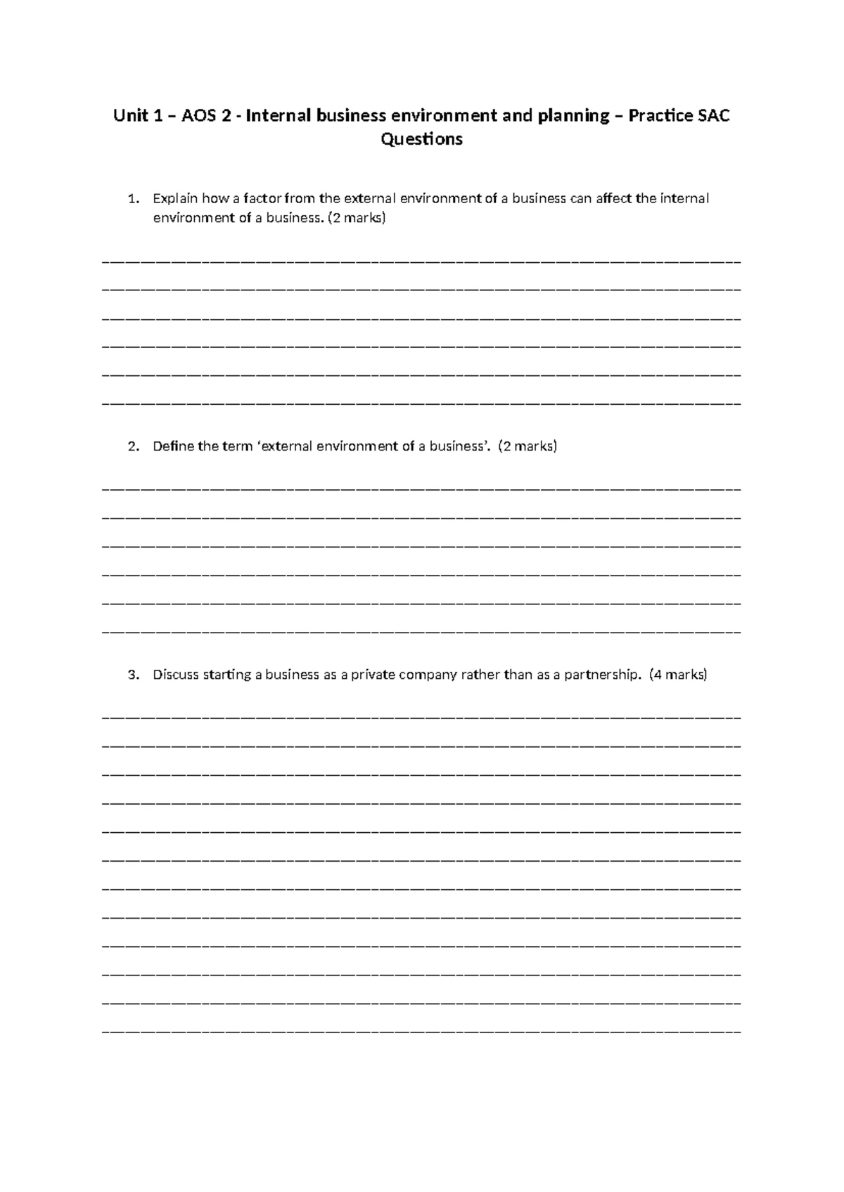 Year 11 Business Management Unit 1 Exam Revision Sheet - Year 11 ...
