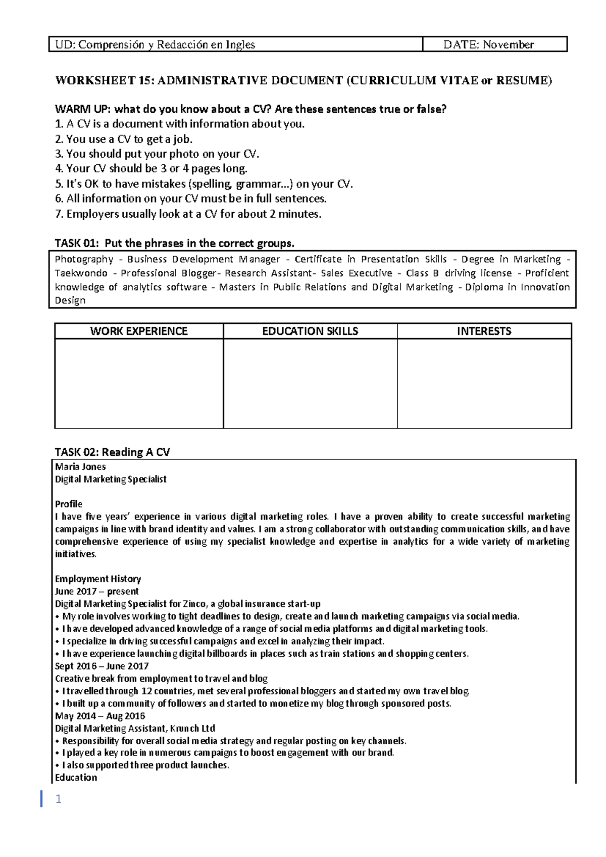 UD: Worksheet 15 - CV Writing and Analysis in English - Studocu