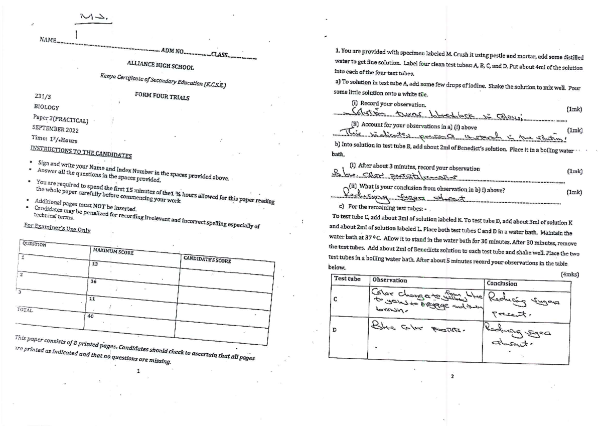 Biology Paper 3 - K.C.S.E. Form Four Trials (September 2022) - Studocu