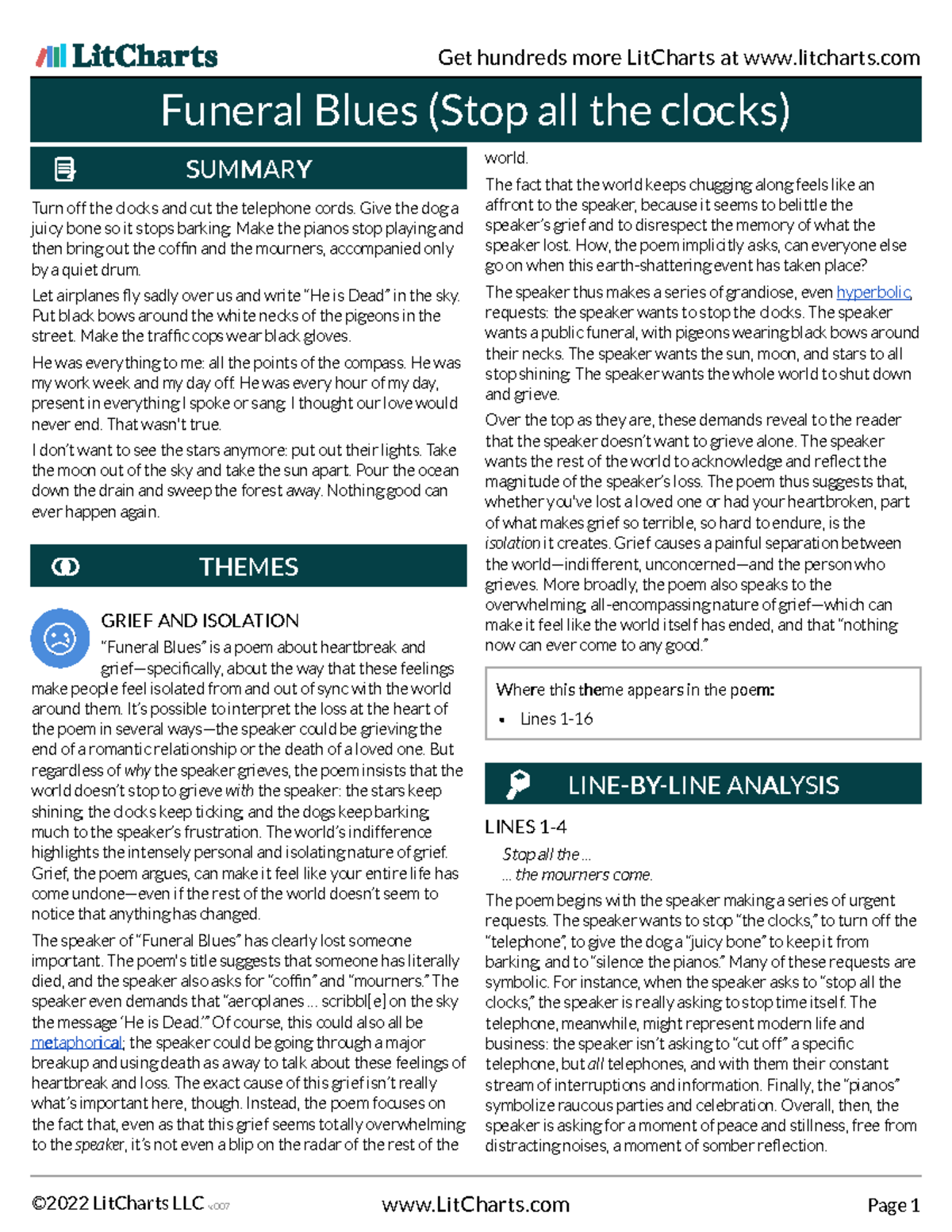 Lit Charts: Analyzing Themes and Symbols in "Funeral Blues" (ENG 101 ...