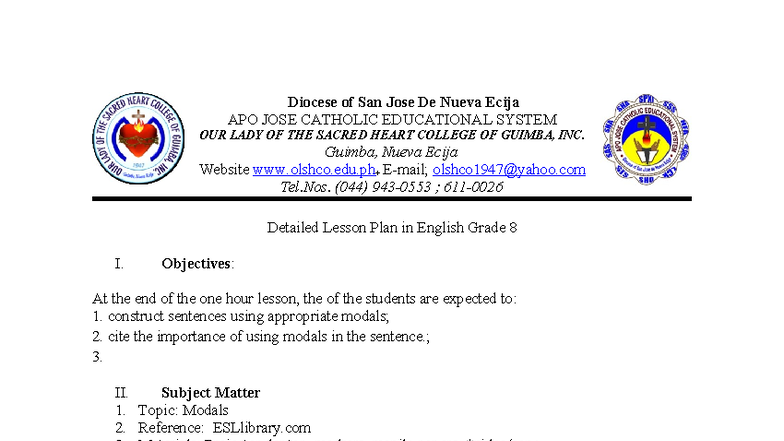 Detailed Lesson Plan on Modals for Grade 8 English (ENG 8) - Studocu