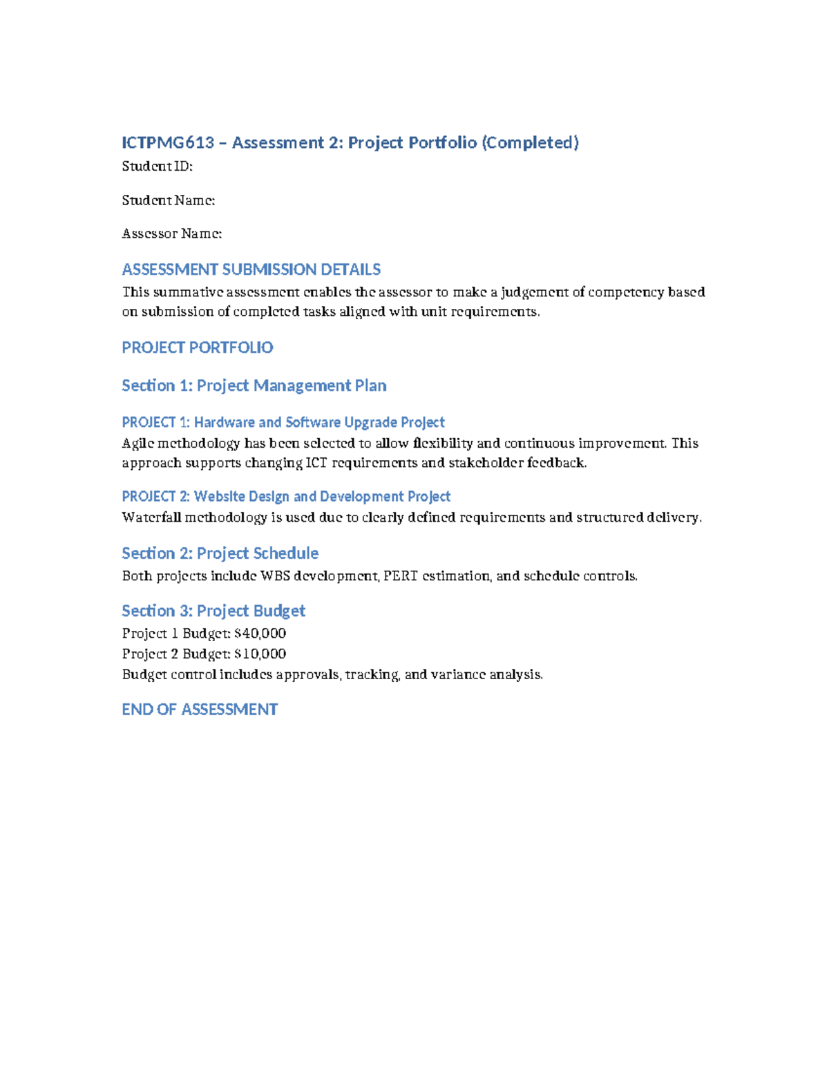 ICTPMG613 Assessment 2: Completed Project Portfolio Overview - Studocu