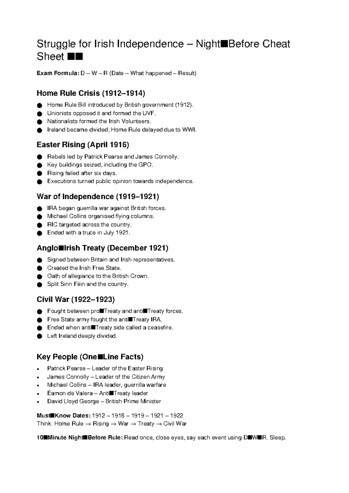 Irish Independence Cheat Sheet: Key Events & Figures - Studocu