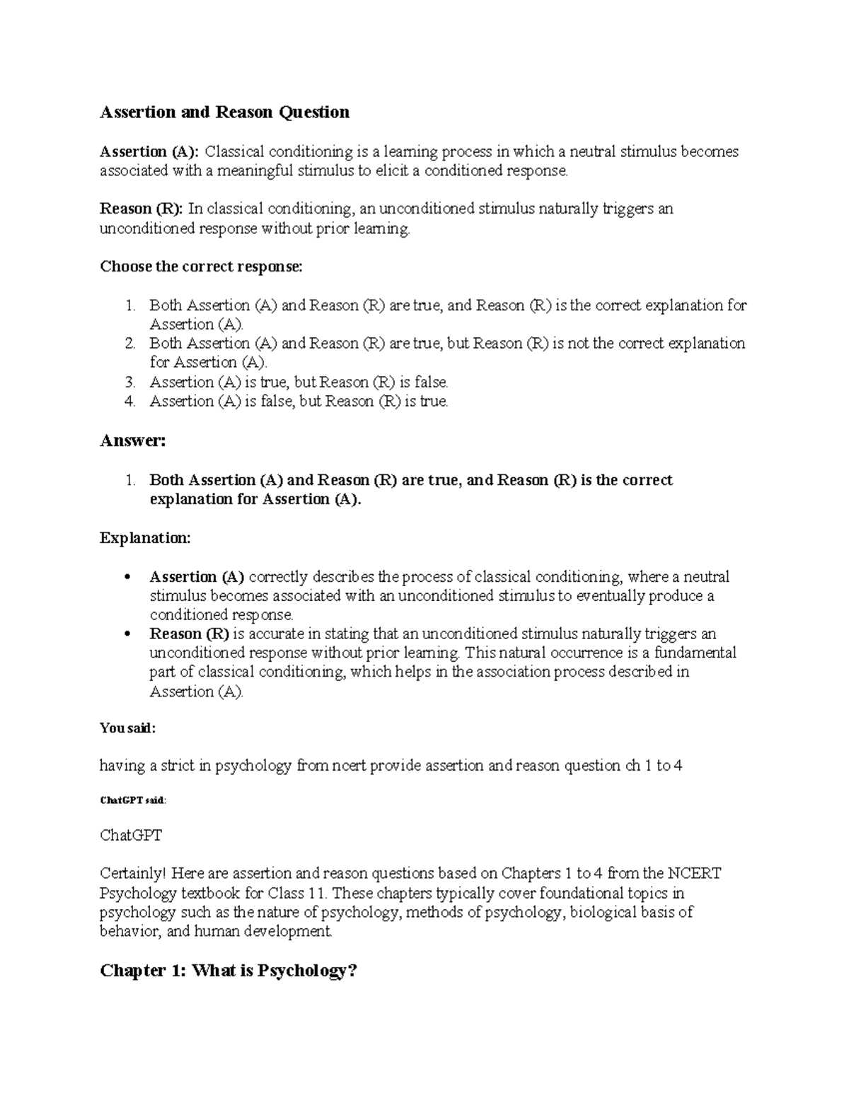 NCERT Psychology Class 11: Assertion and Reasoning Questions (Ch 1-4 ...